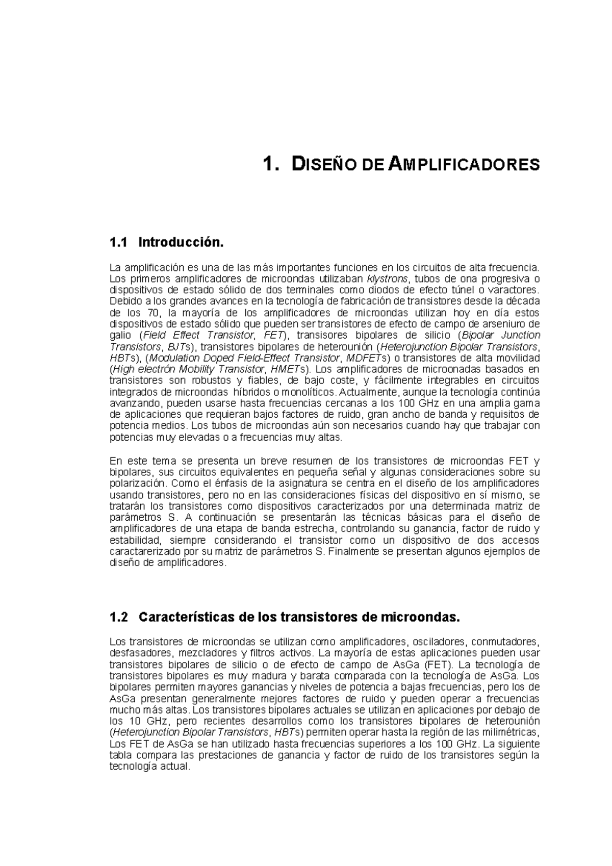T4 Teoria Amplificadores a - 1. DISEÑO DE AMPLIFICADORES 1 Introducción ...