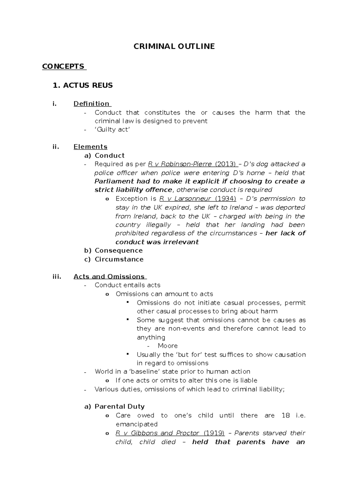 Criminal Outline - CRIMINAL OUTLINE CONCEPTS 1. ACTUS REUS i ...