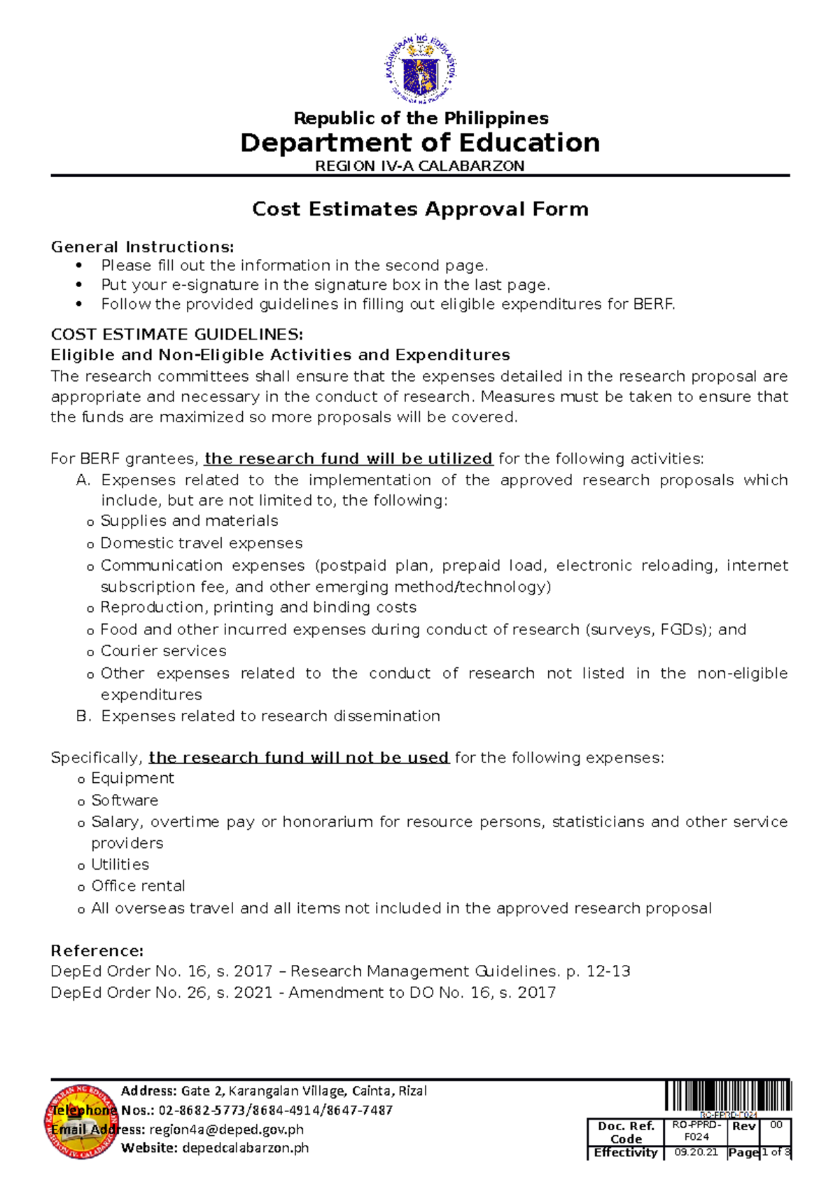 Cost Estimates Approval Form - Republic of the Philippines Department ...