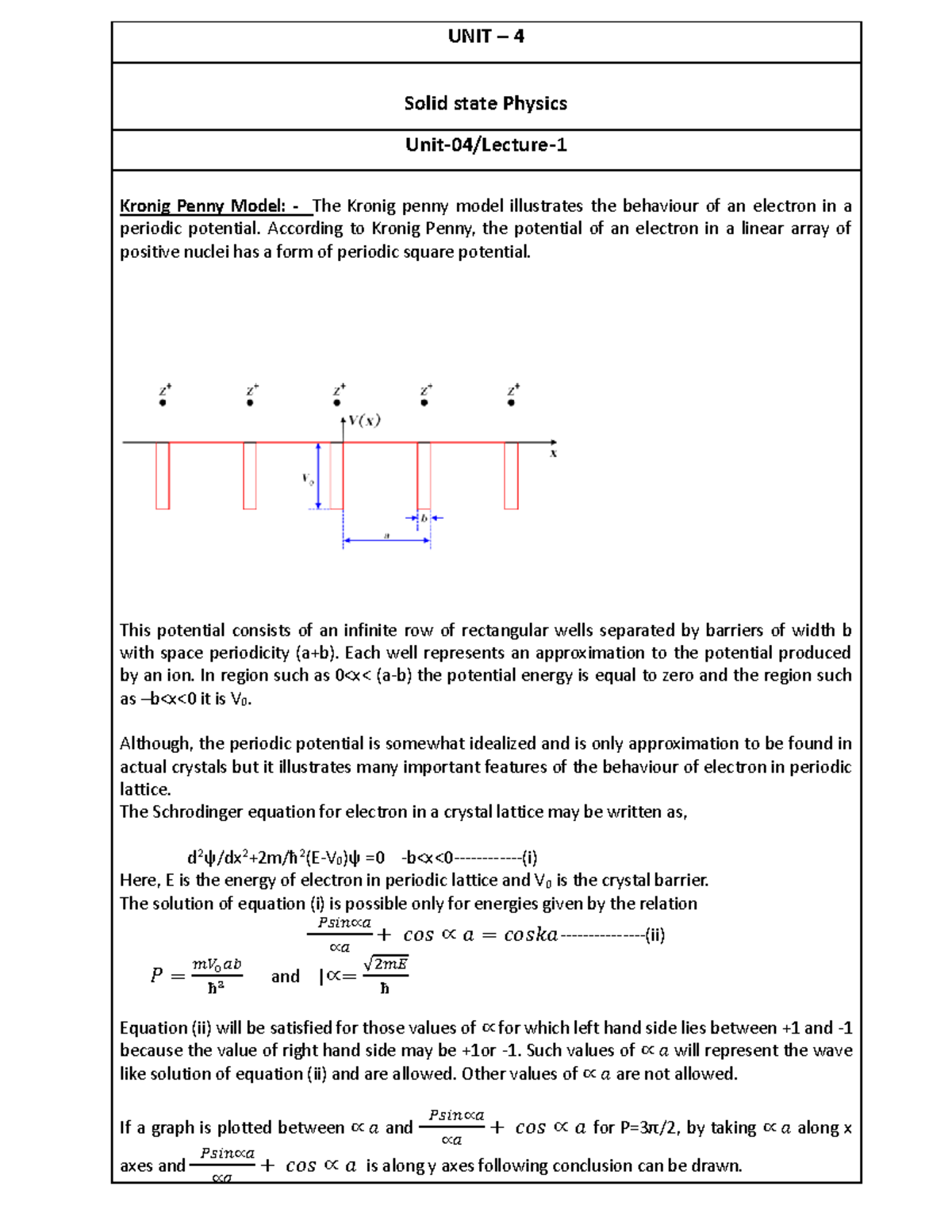 AS101 engineering physics unit 4 - UNIT – 4 Solid state Physics Unit-04/Lecture- Kronig Penny ...