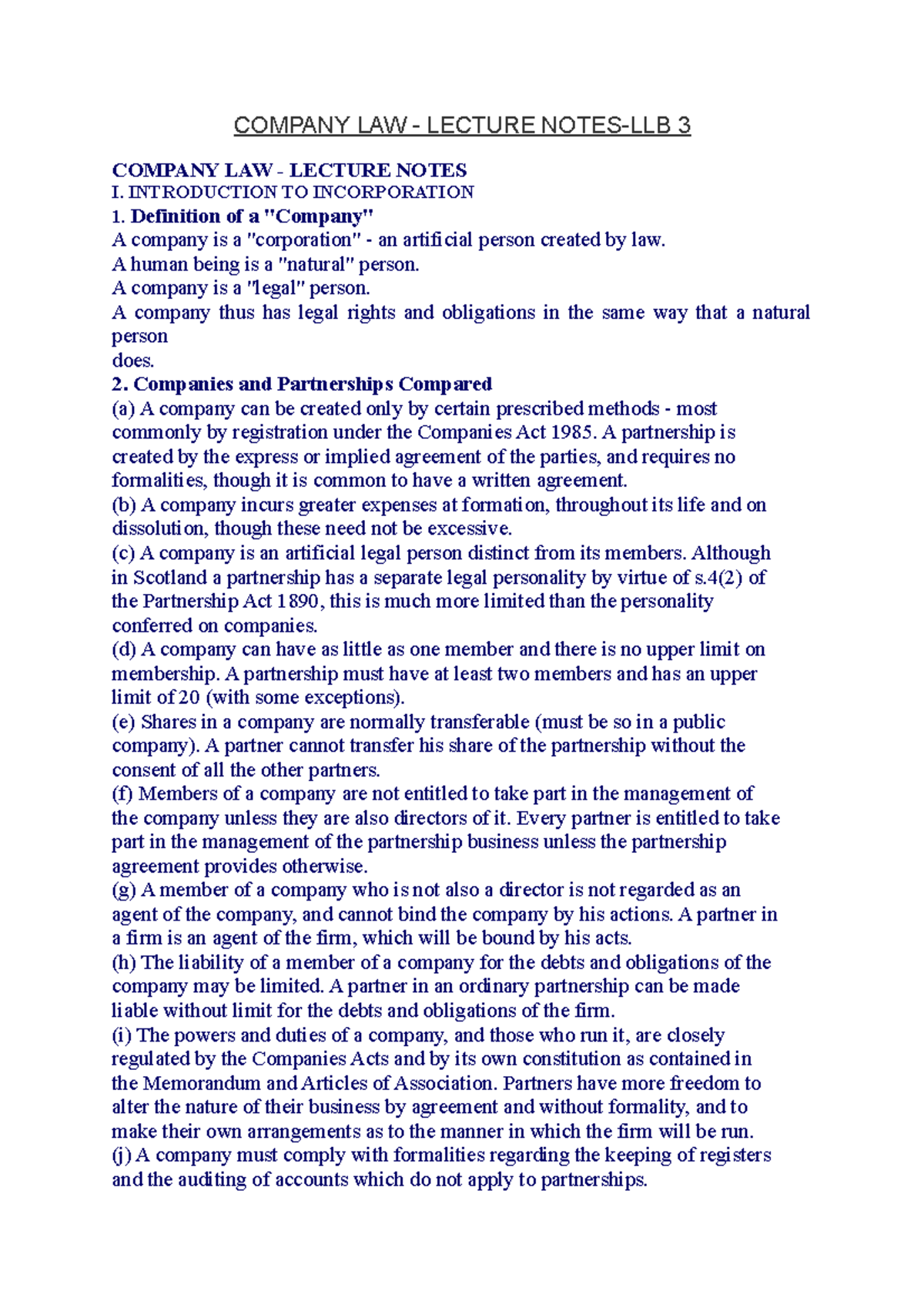 BUZ - Notes - COMPANY LAW - LECTURE NOTES-LLB 3 COMPANY LAW - LECTURE ...