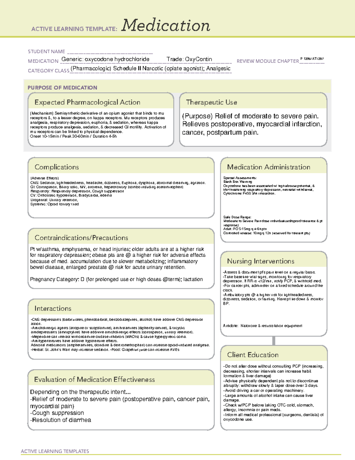 Oxycodone (Oxy Contin) - ACTIVE LEARNING TEMPLATES Medication STUDENT ...