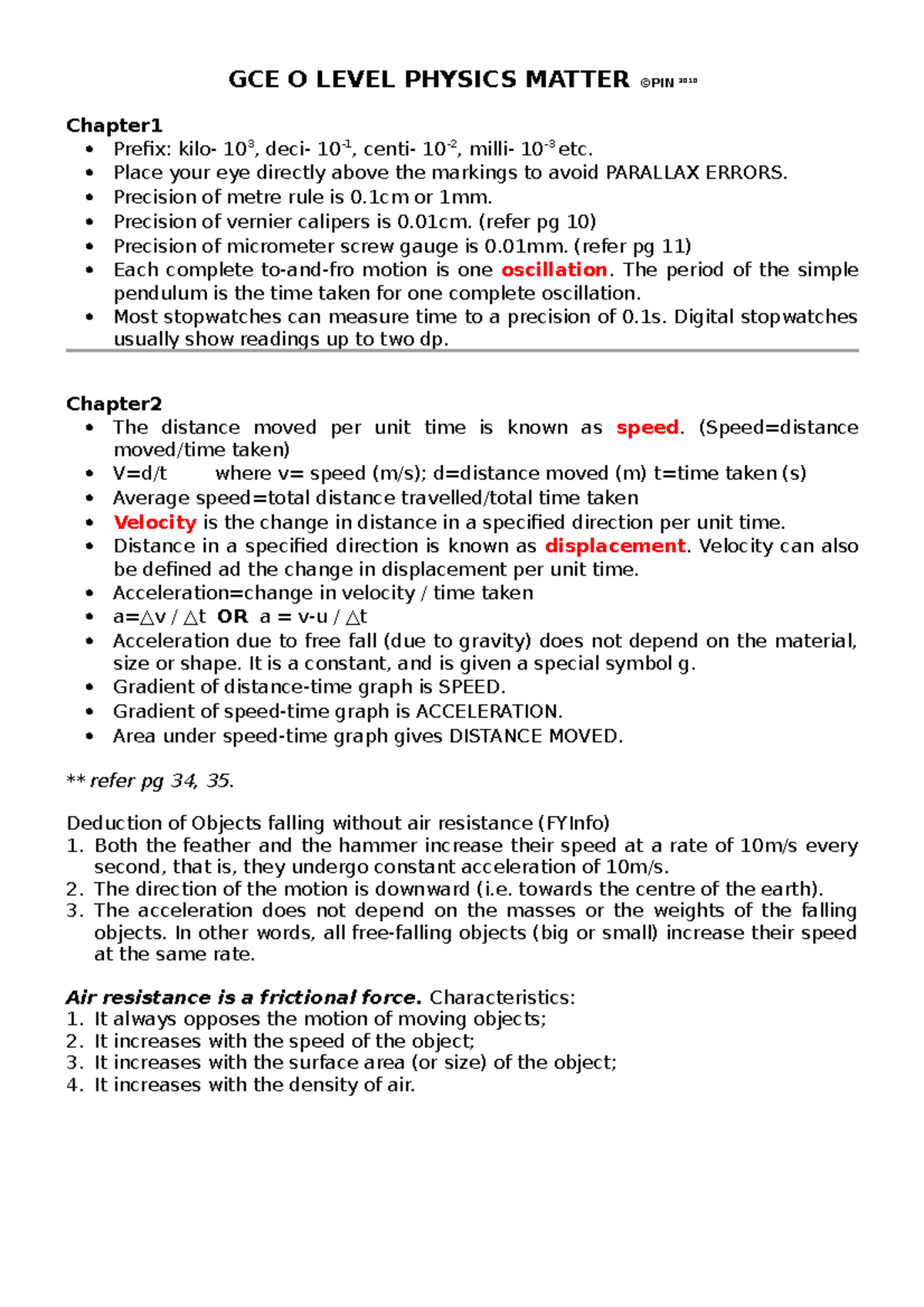 Kupdf - GCE O LEVEL PHYSICS MATTER ©PIN 2010 Chapter Prefix: kilo- 10 3 , deci- 10-1, centi- 10 ...