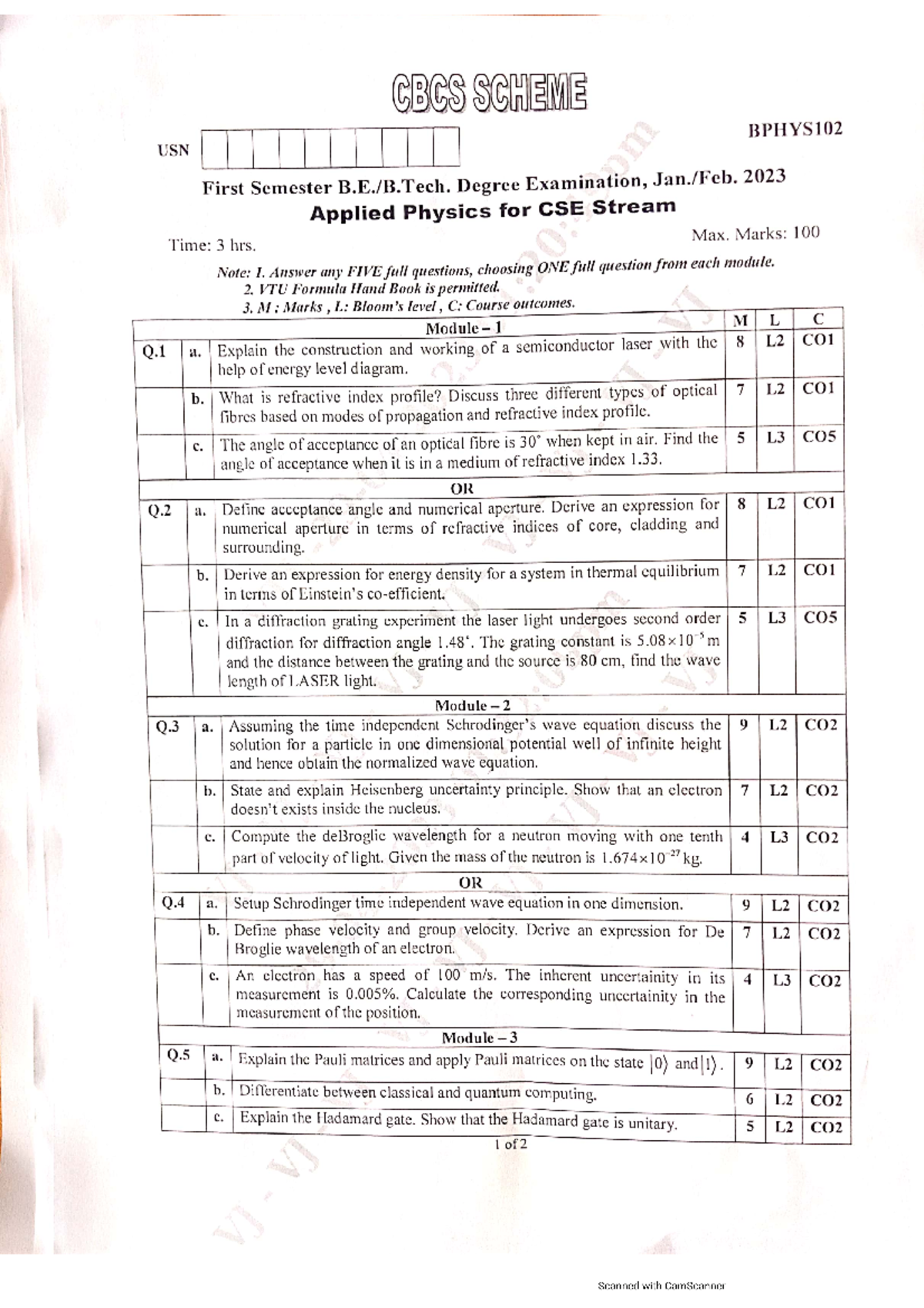 Previous physics for cse papers - CBCS SCHEME BPHYS102 USN First Semester Degree Examination ...