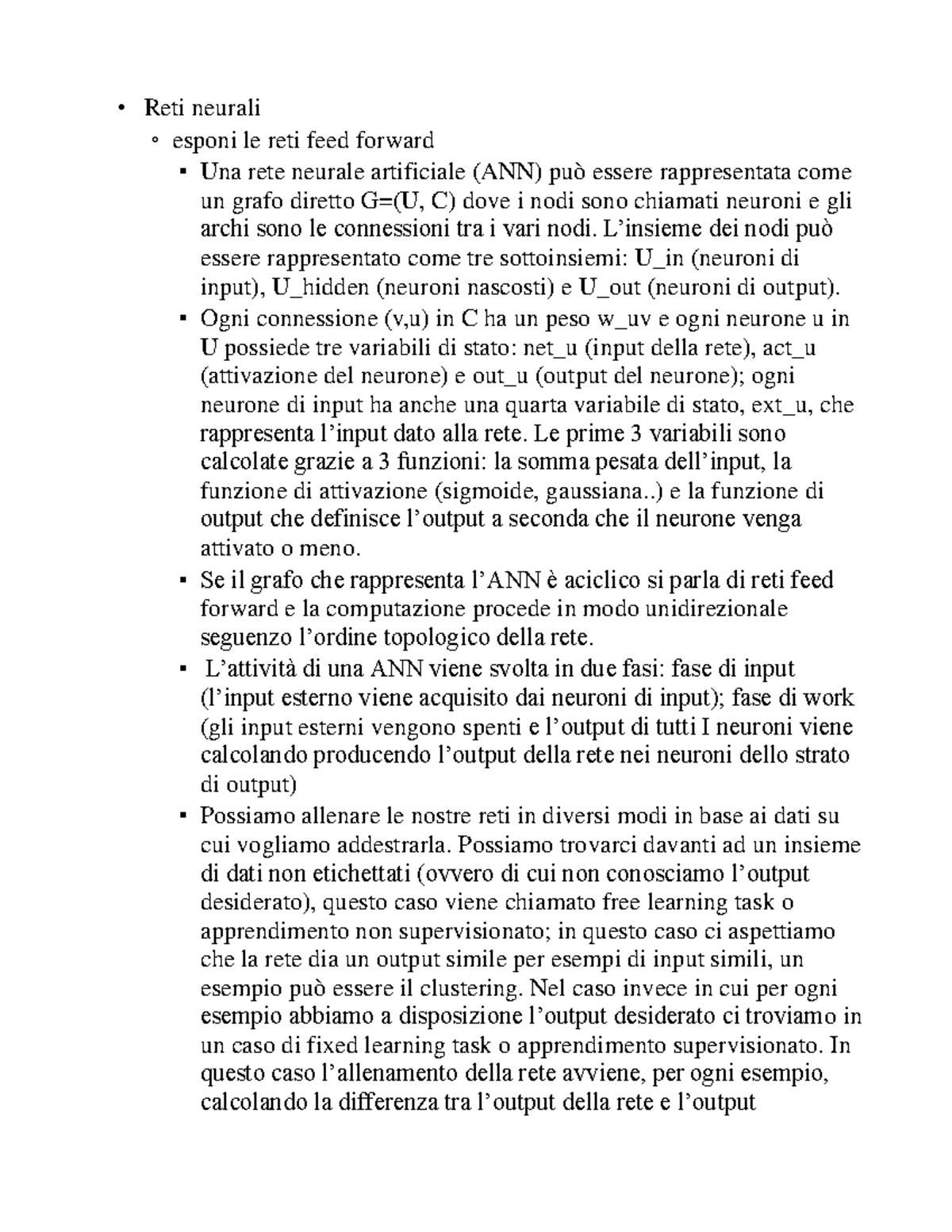 Ripasso AI - Riassunto corso - Reti neurali esponi le reti feed forward ...