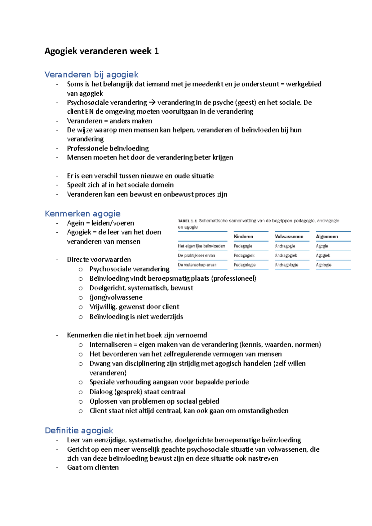 Agogiek samenvatting periode 1 - Agogiek veranderen week 1 Veranderen bij agogiek Soms is het ...
