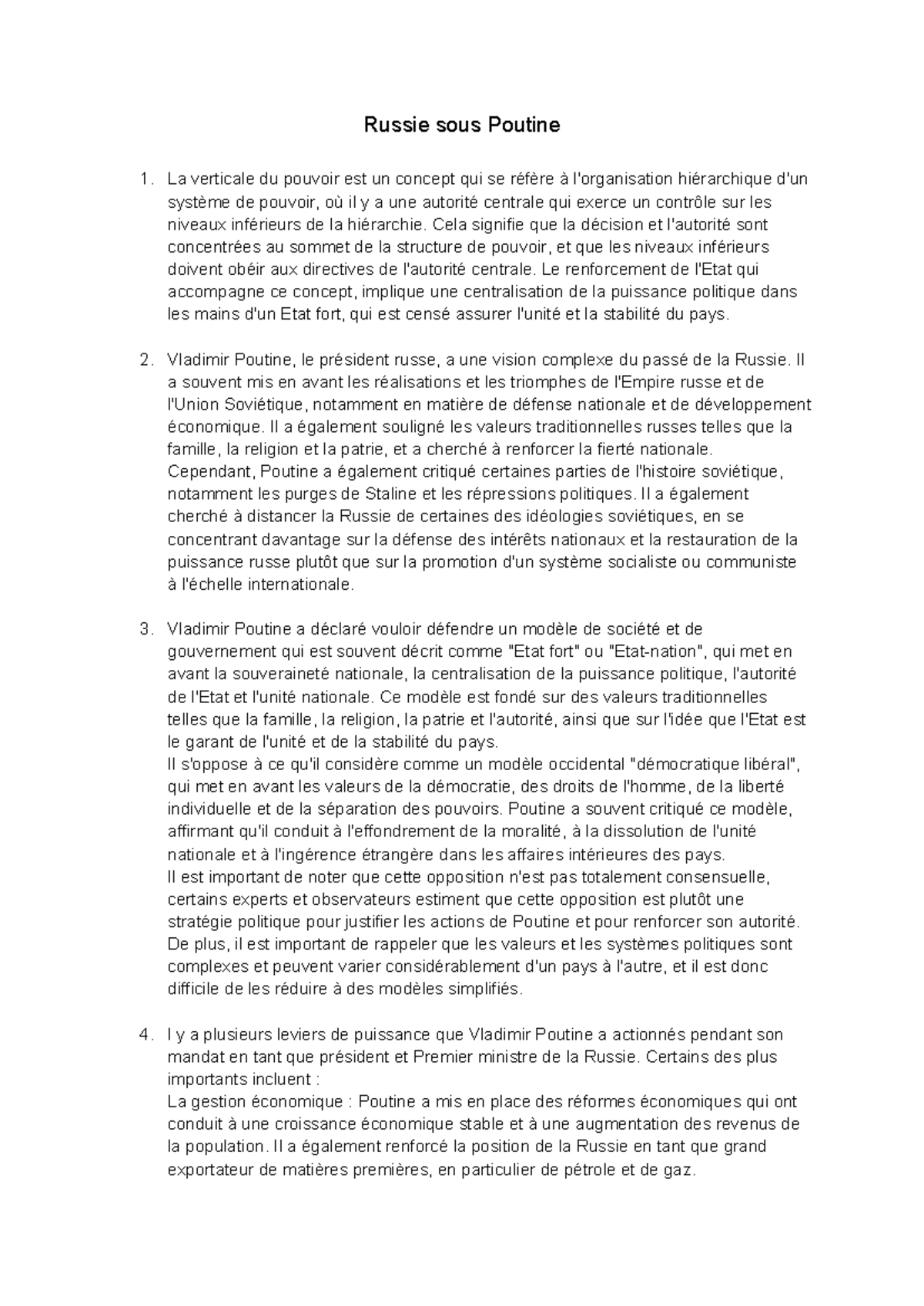 Russie sous poutine - Devoir de hggsp - Russie sous Poutine La verticale du pouvoir est un ...