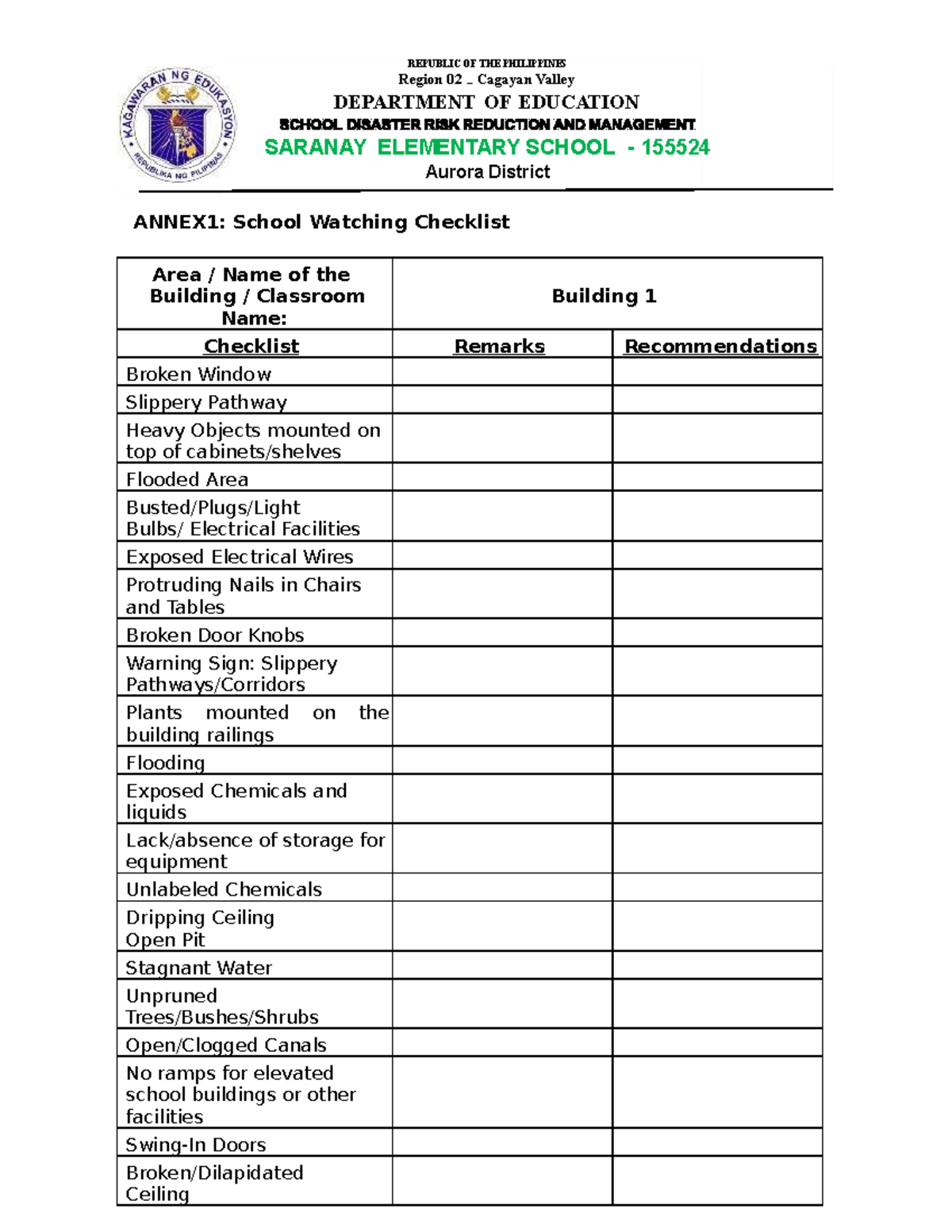 School watching checklist - REPUBLIC OF THE PHILIPPINES Region 02 ...