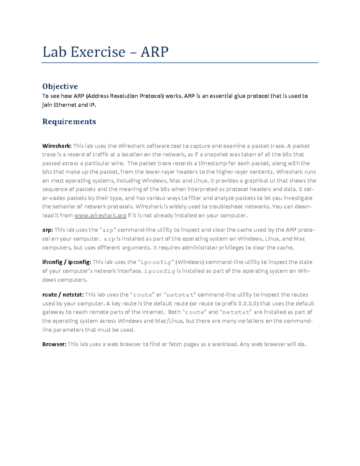 Lab-arp - lab exercise - Lab Exercise – ARP Objective To see how ARP (Address Resolution ...