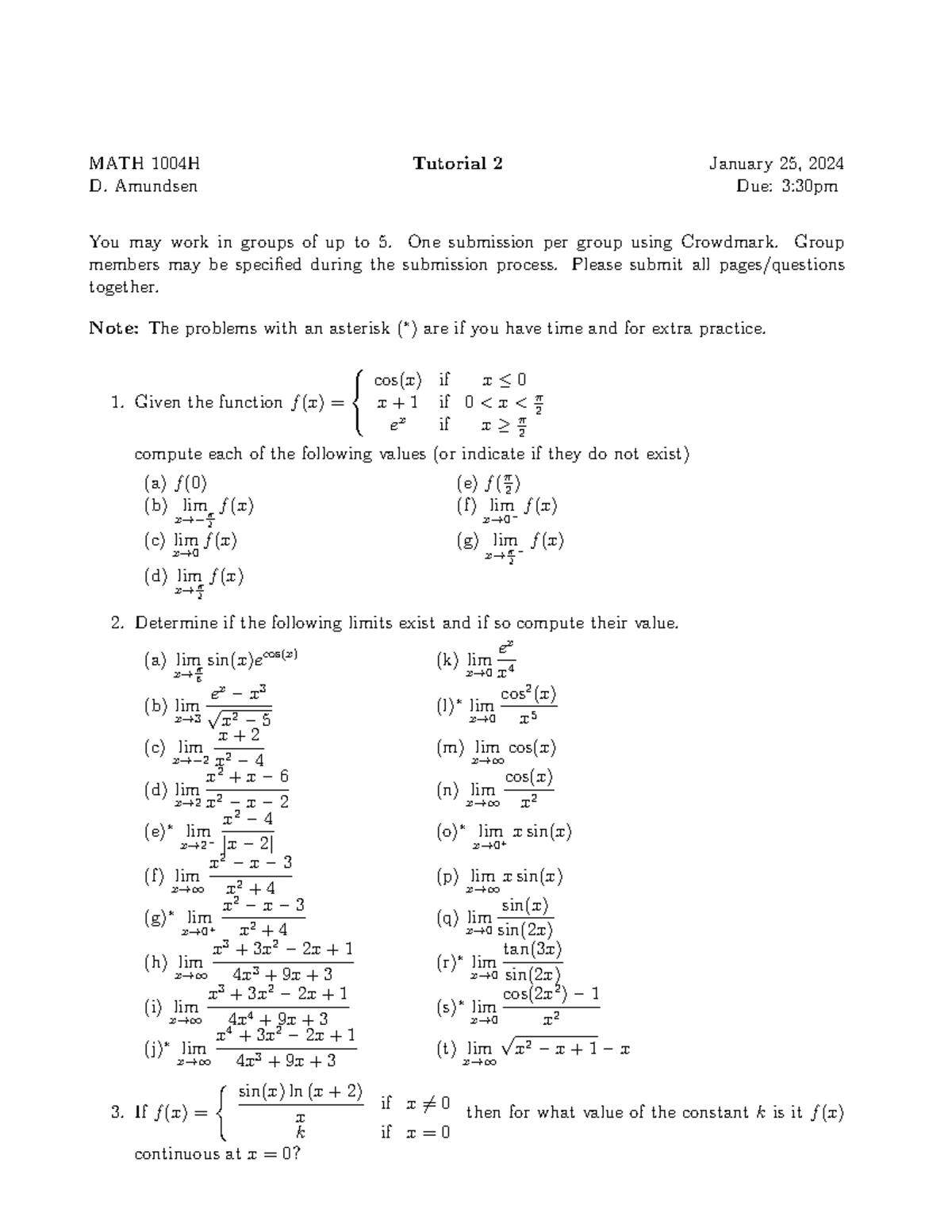 Tutorial 2 Questions - Quiz - MATH 1004H Tutorial 2 January 25, 2024 D ...
