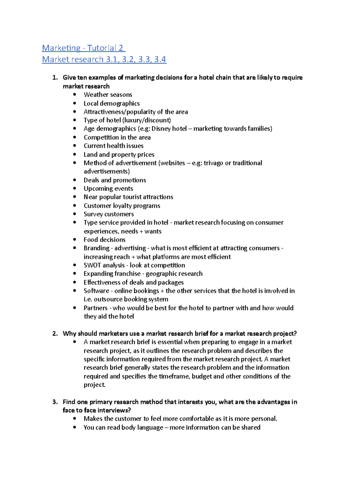 Marketing Tutorial Questions - Marketing - Tutorial 2 Market research 3 ...