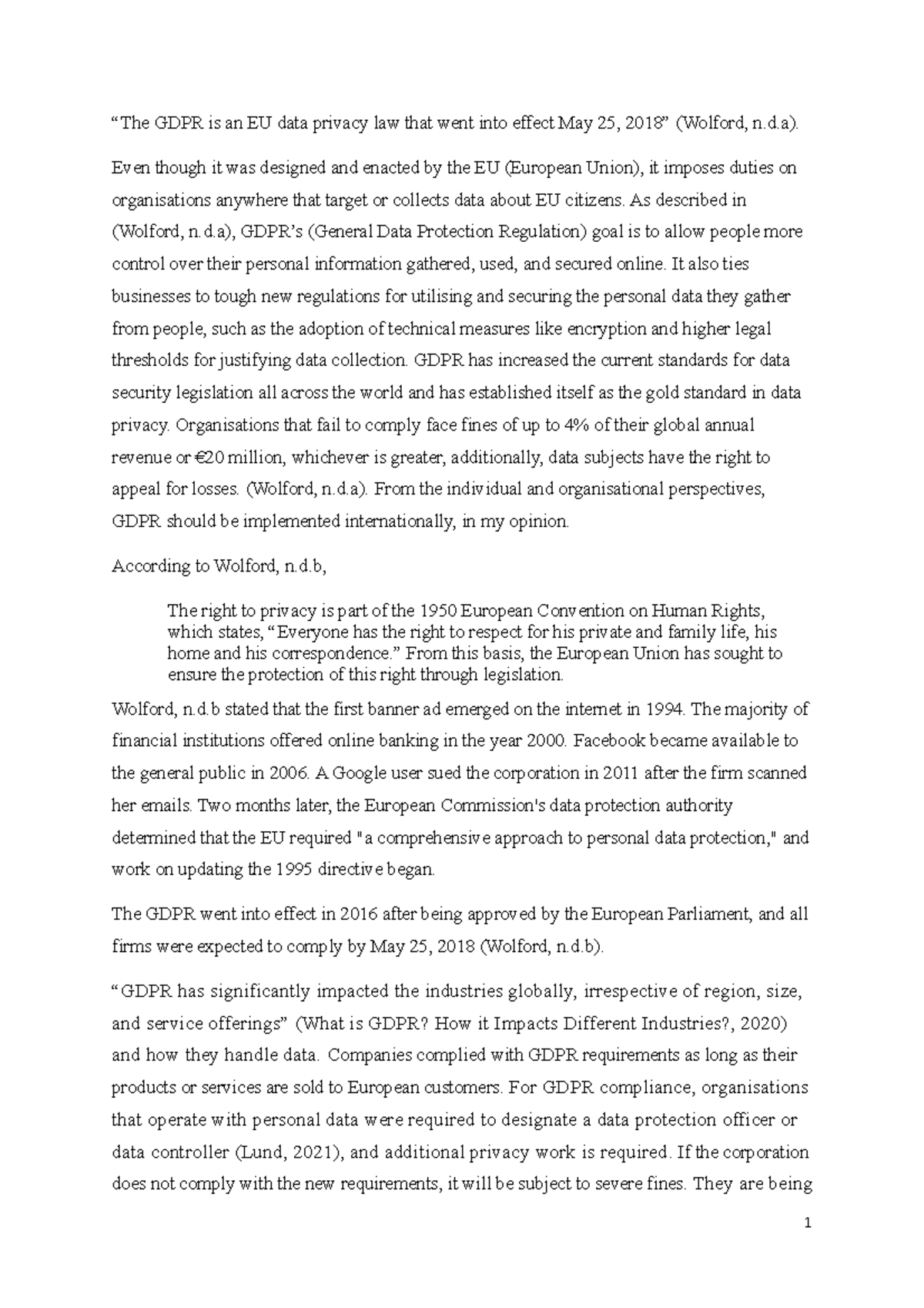 Cybersecurity - Essay on GDPR - “The GDPR is an EU data privacy law ...