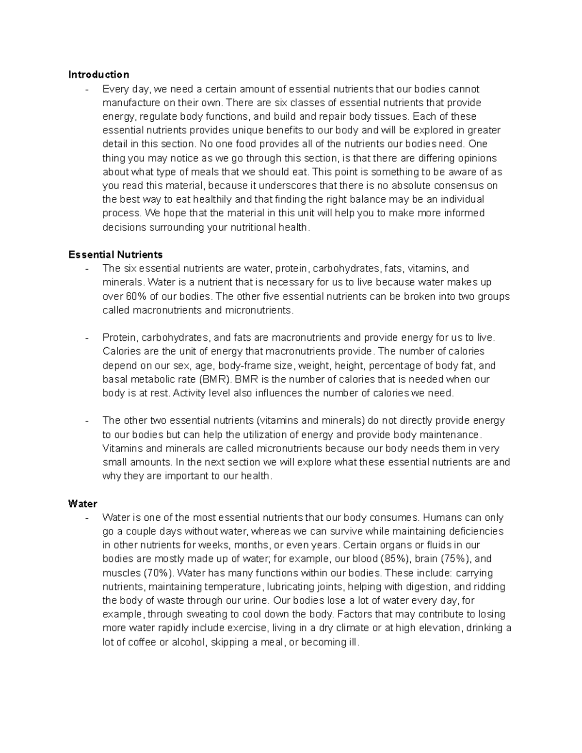 FRHD Unit 7 nutrition - frhd notes - Introduction - Every day, we need ...