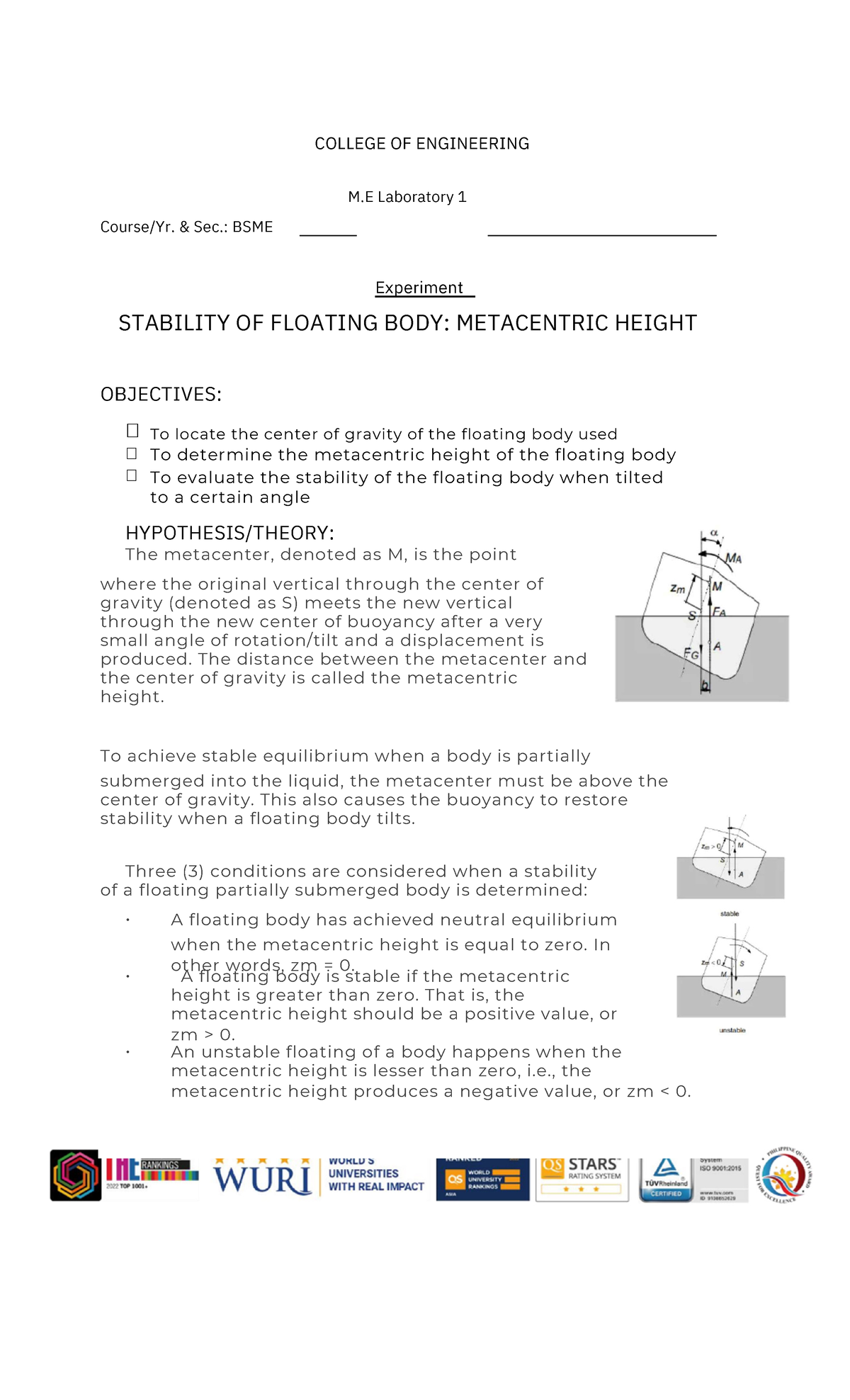 ME-LAB-1- Metacentric- Height - COLLEGE OF ENGINEERING M Laboratory 1 ...