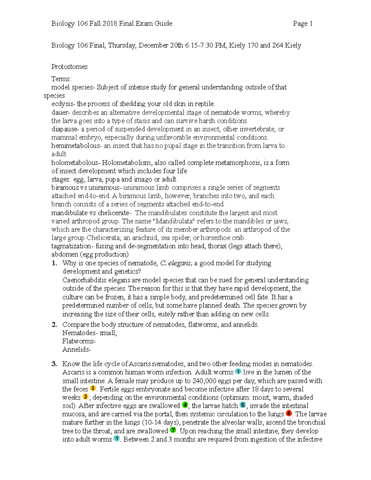 Lecture Final guide Fall 2018 - Biology 106 Fall 2018 Final Exam Guide Page 1 Biology 106 Final ...