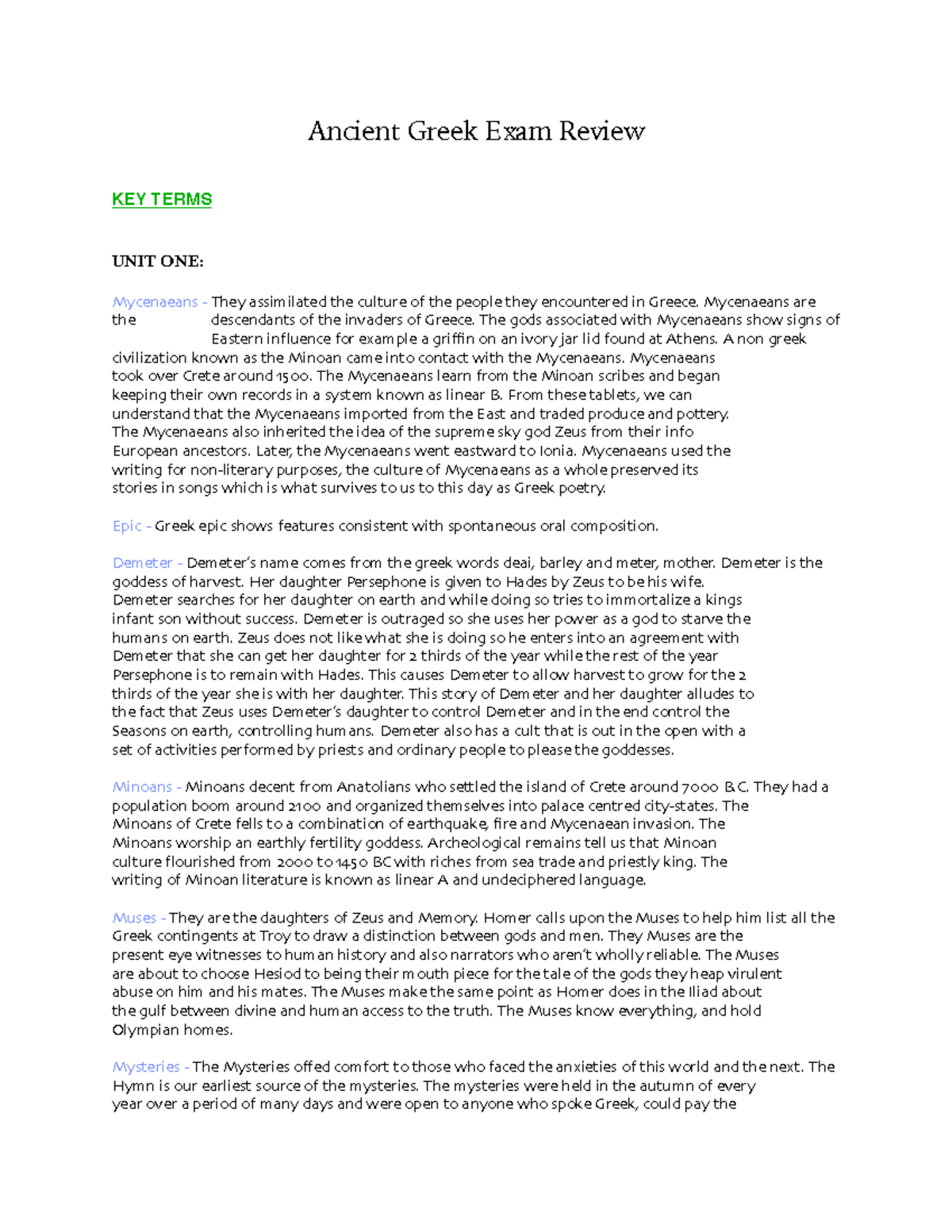 Exam Review 2015, questions and answers - Ancient Greek Exam Review KEY ...