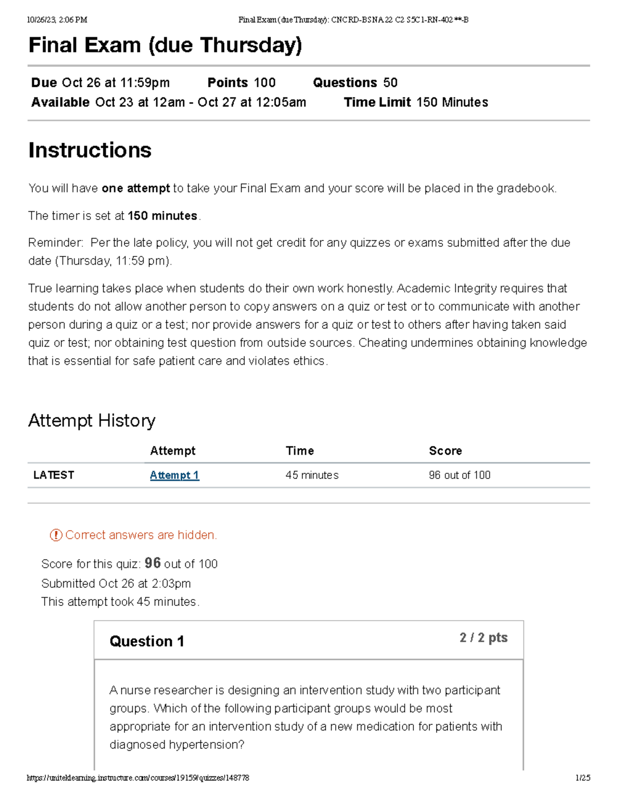 EBP Final Exam - Final Exam (due Thursday) Due Oct 26 at 11:59pm Points ...