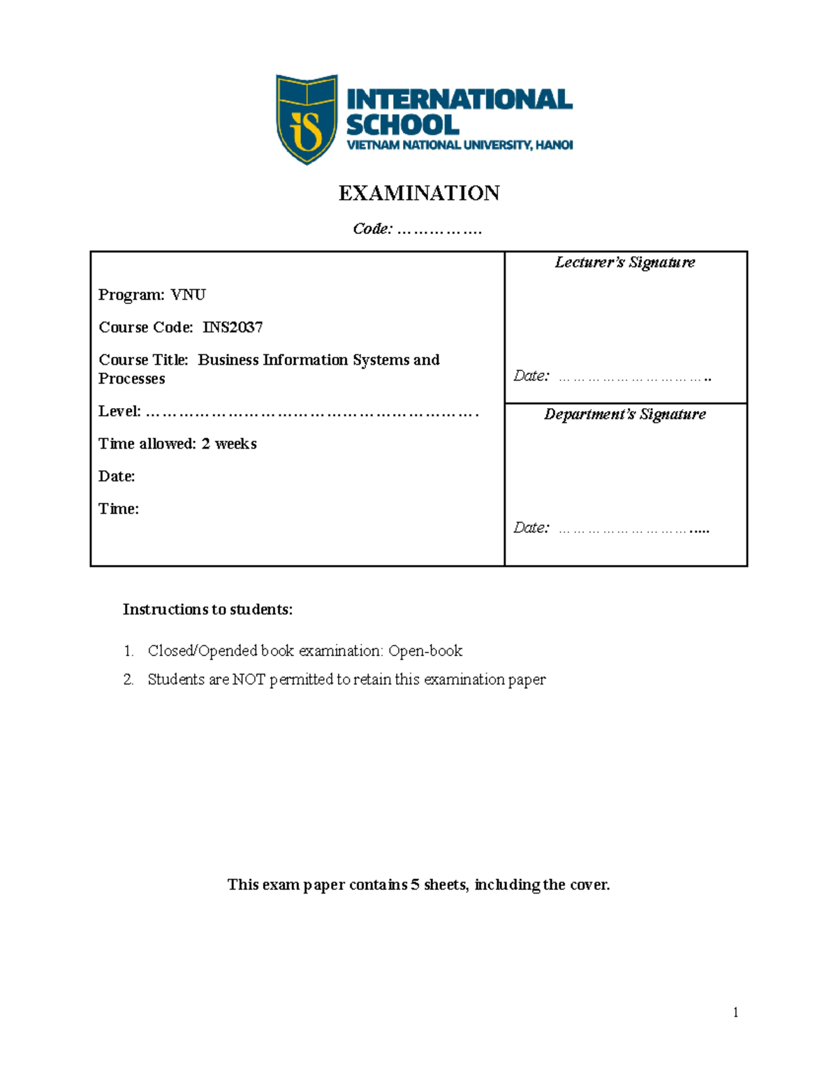 Final description - EXAMINATION Code: ................ Program: VNU ...