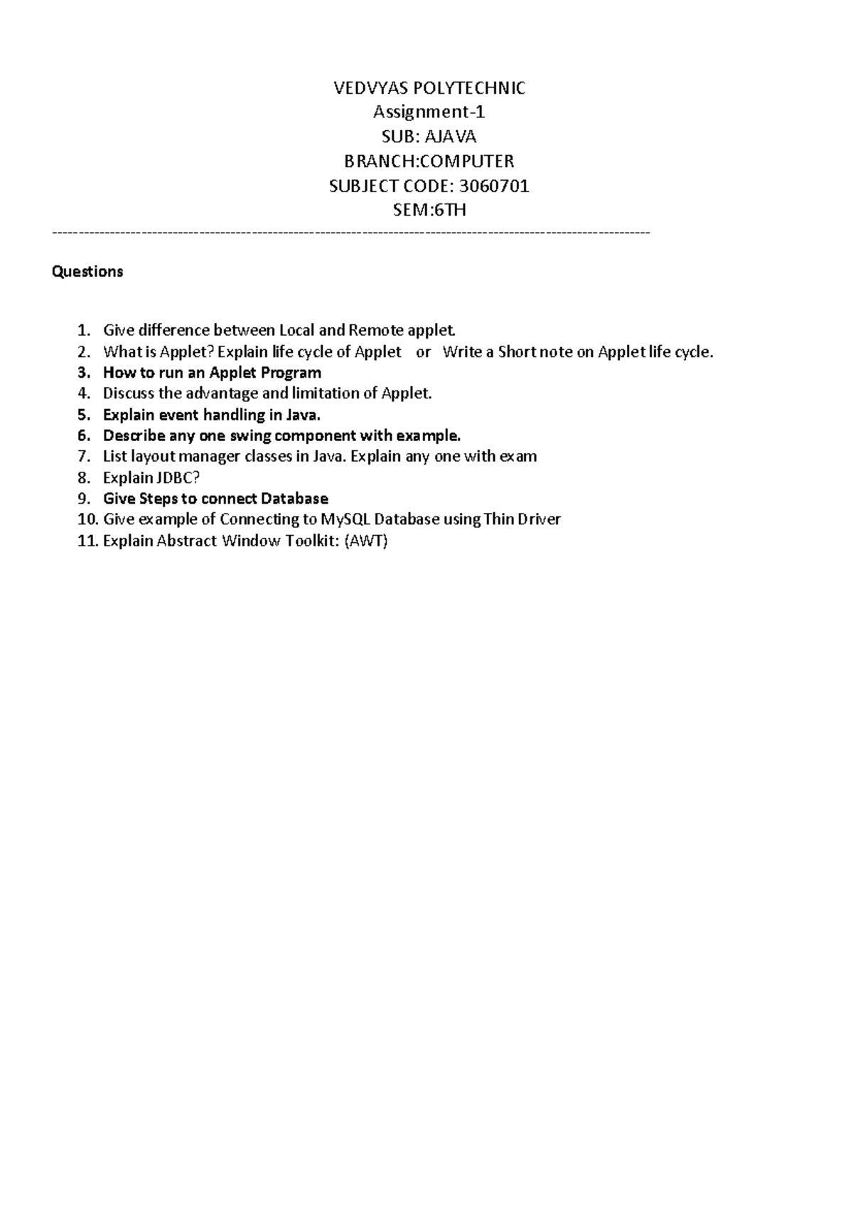 2018 Ajava 1 Java Lab Practicals And First Chapter Notes Vedvyas Polytechnic Assignment Sub