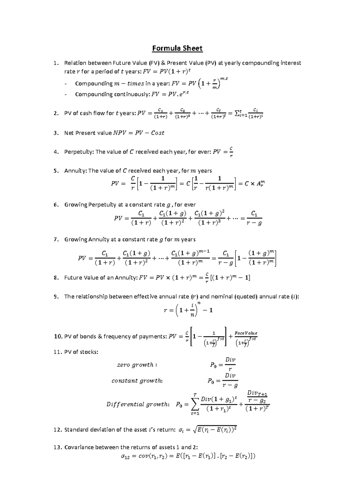 Formula Sheet - Summary Topics in Financial Economics: Theories and ...