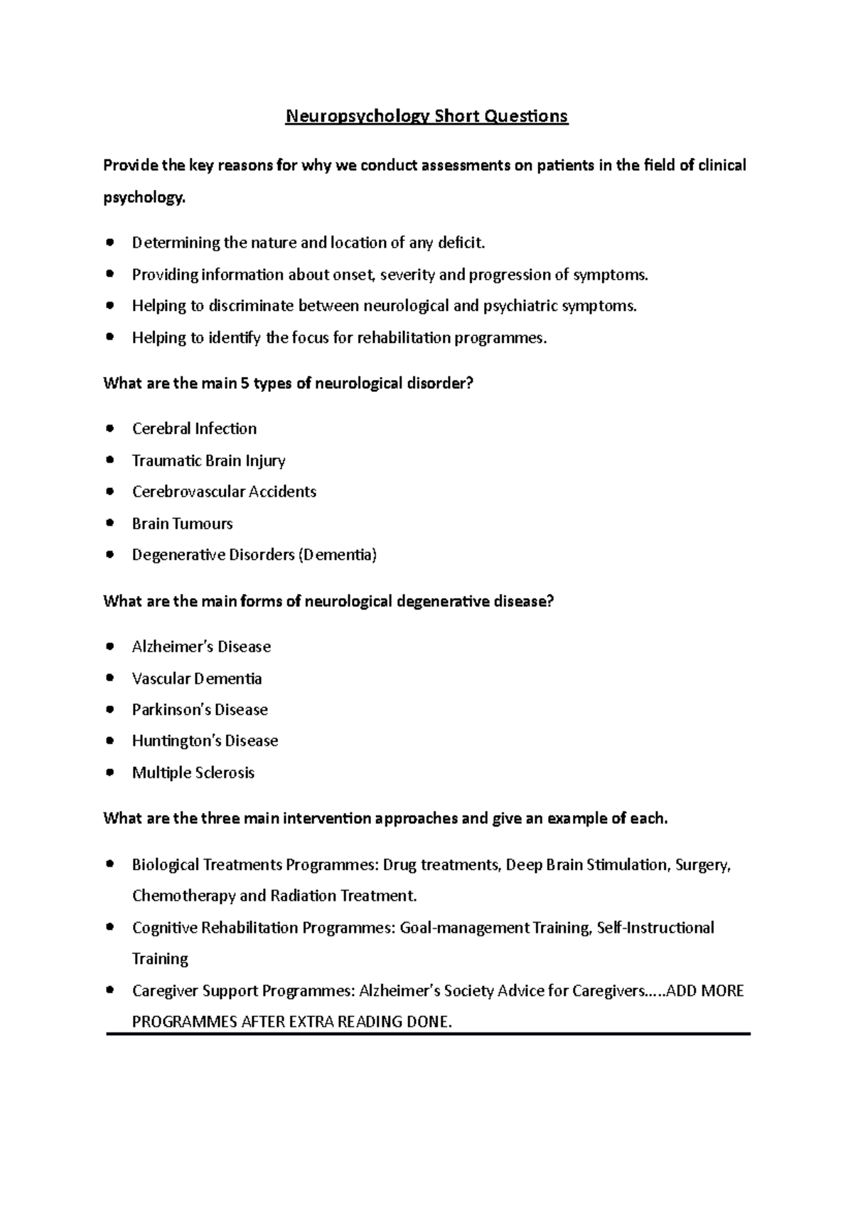 Neuropsychology Short Questions and Answers - Neuropsychology Short ...