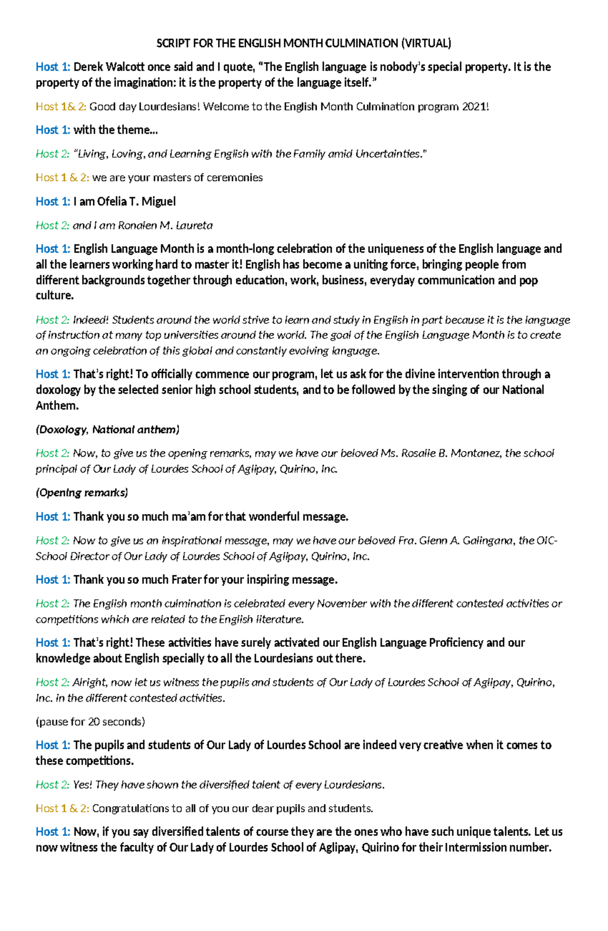 Script FOR THE English Month Culminating Activity - SCRIPT FOR THE ...