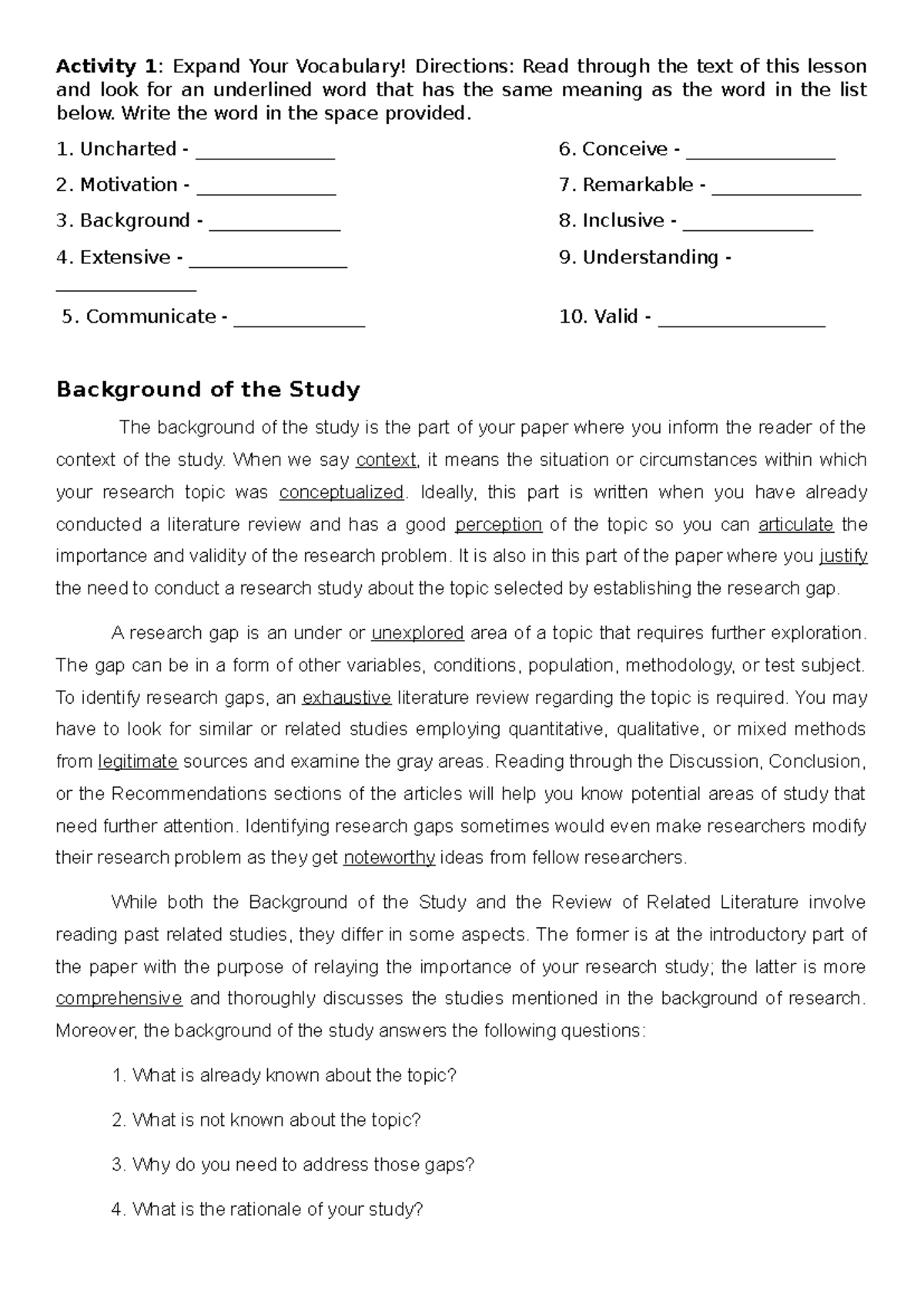 Background OF THE Study Worksheet - Activity 1: Expand Your Vocabulary ...