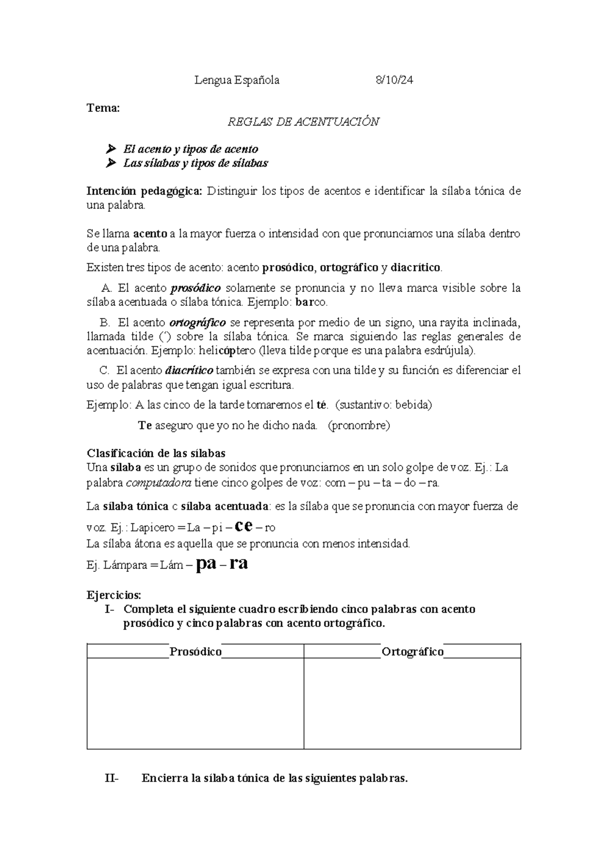 Reglas DE Acentuación 1 - Lengua Española 8/10/ Tema: REGLAS DE ...