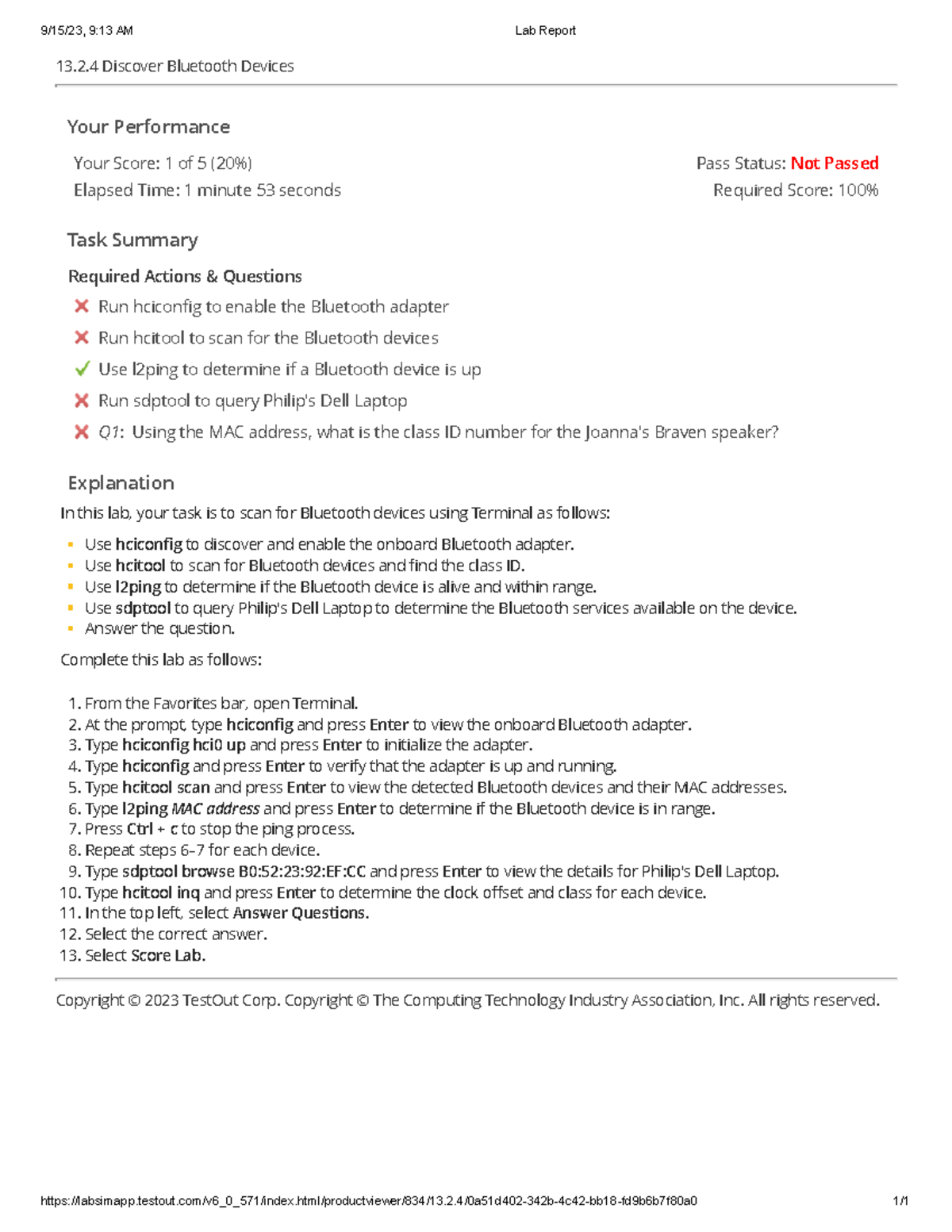 Test Out Lab Sim 13 2 - gHjktlyf;guj - 9/15/23, 9:13 AM Lab Report ...