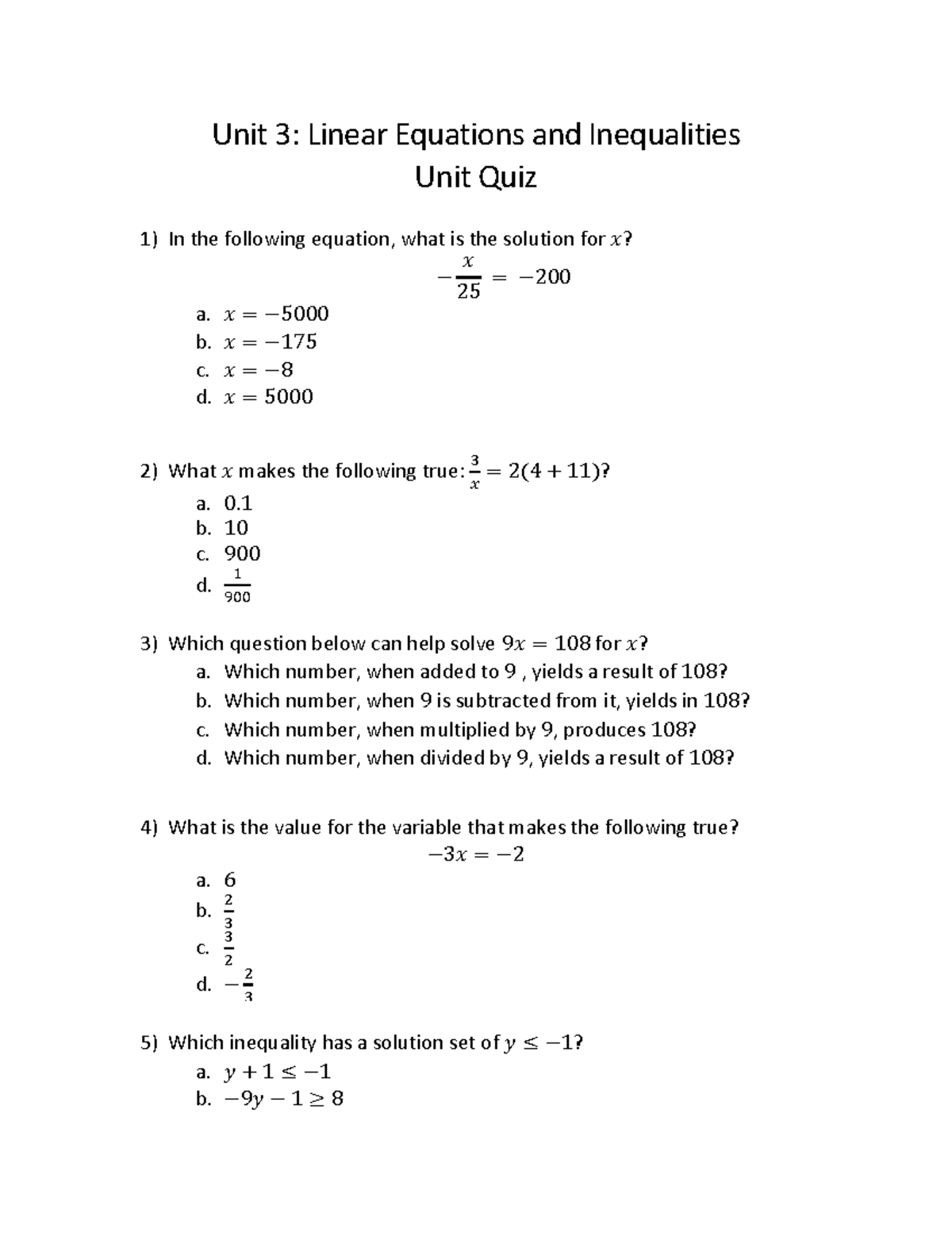 D126 Unit 3 Unit Quiz - passed 1st try - Unit 3: Linear Equations and ...