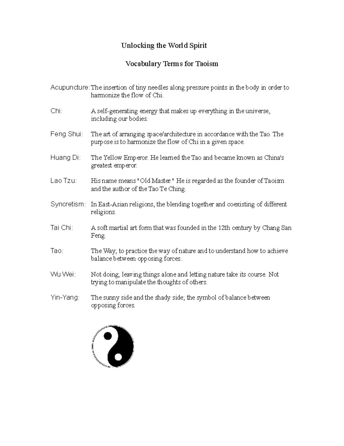 Taoism Vocabulary Terms - Unlocking the World Spirit Vocabulary Terms ...