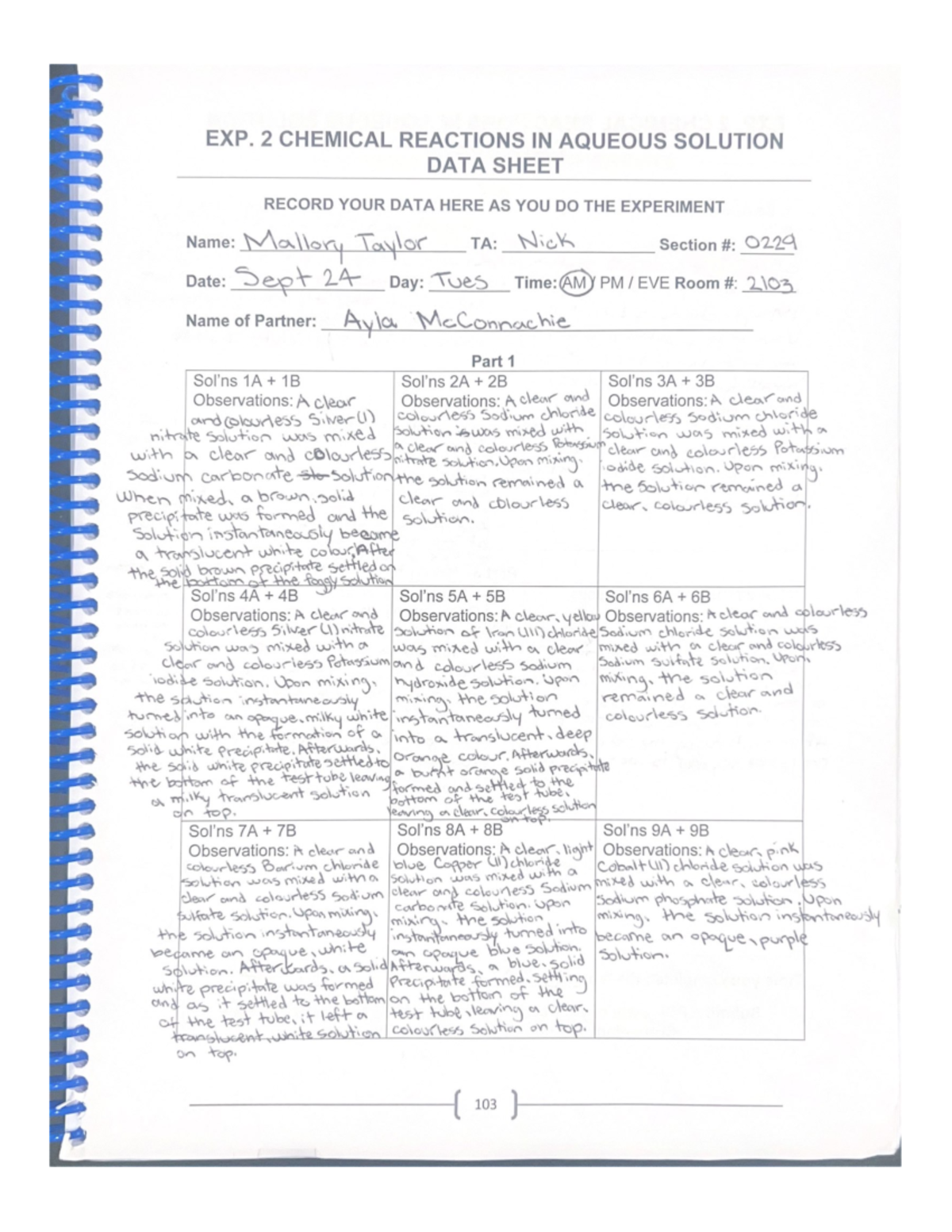 Lab 2 Taylor - 2103 - CHEM1040, Wet Lab 2 Report - EXP. 2 CHEMICAL ...