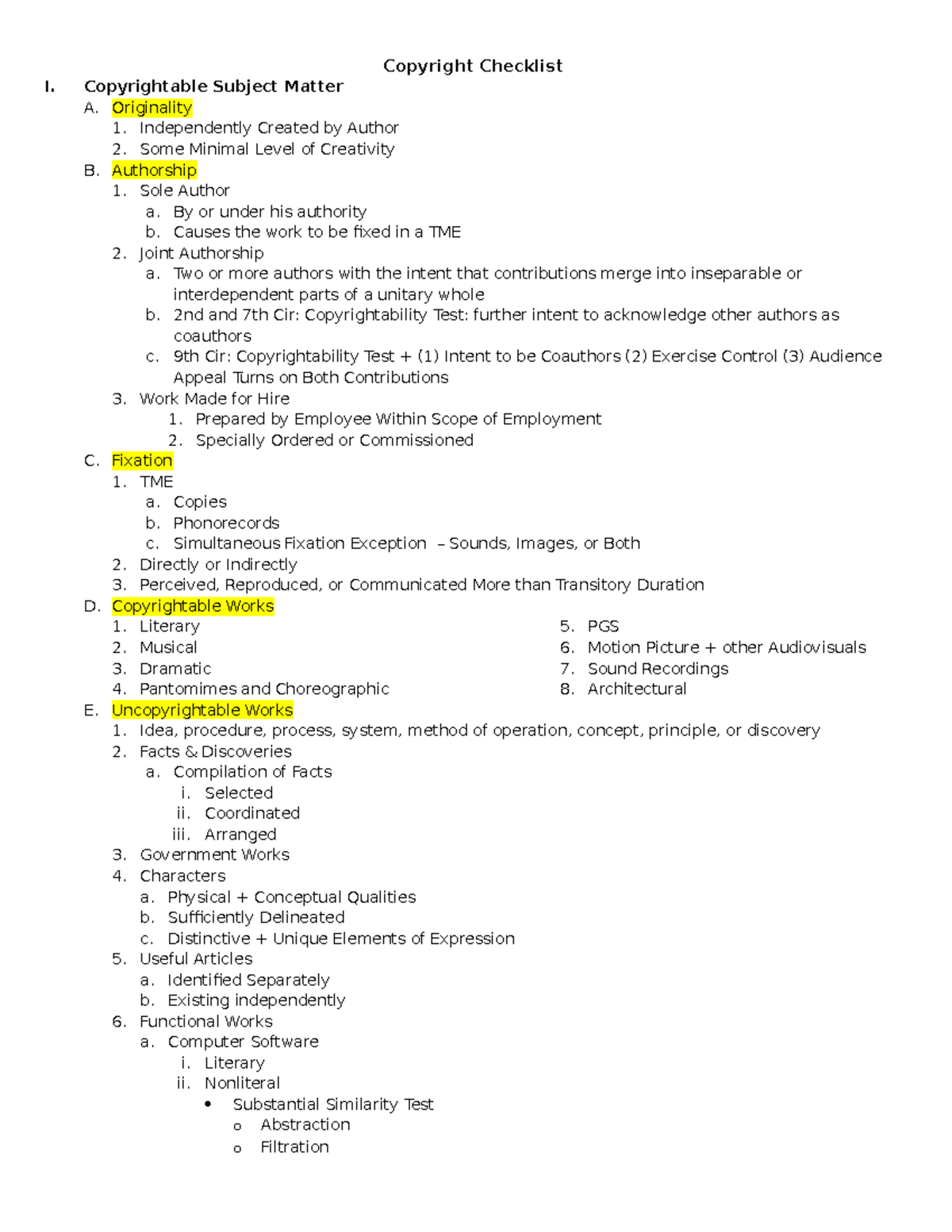 Copyright Issue Checklist Outline - Copyright Checklist I ...
