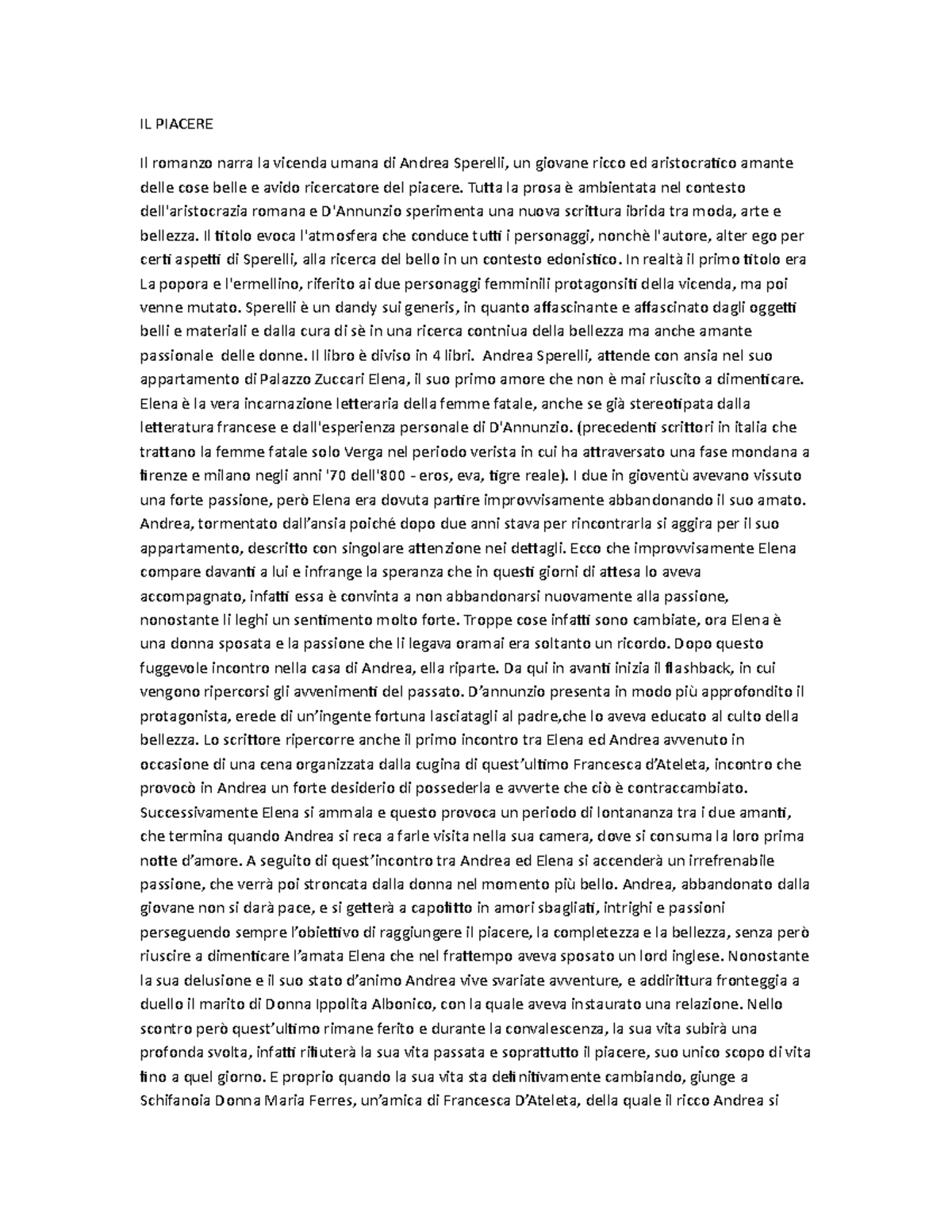 Il Piacere riassunto - IL PIACERE Il romanzo narra la vicenda umana di ...