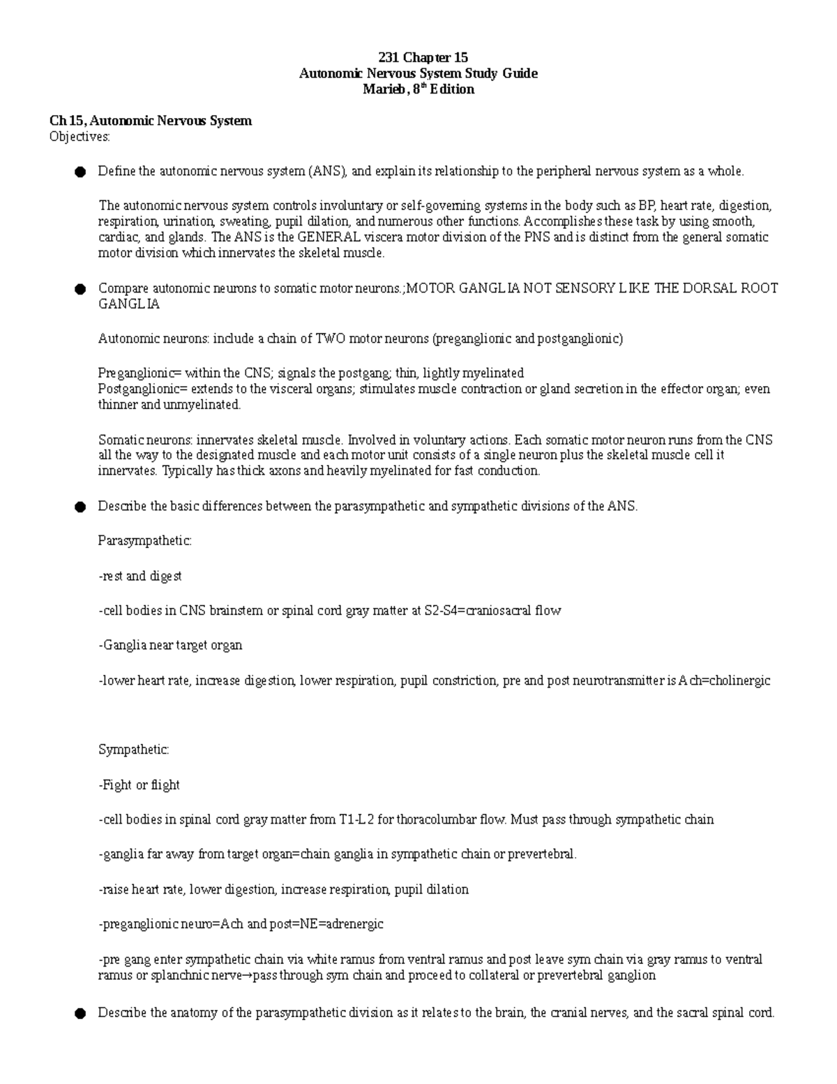 231 Chapter 15 Study Guide 8e - 231 Chapter 15 Autonomic Nervous System ...