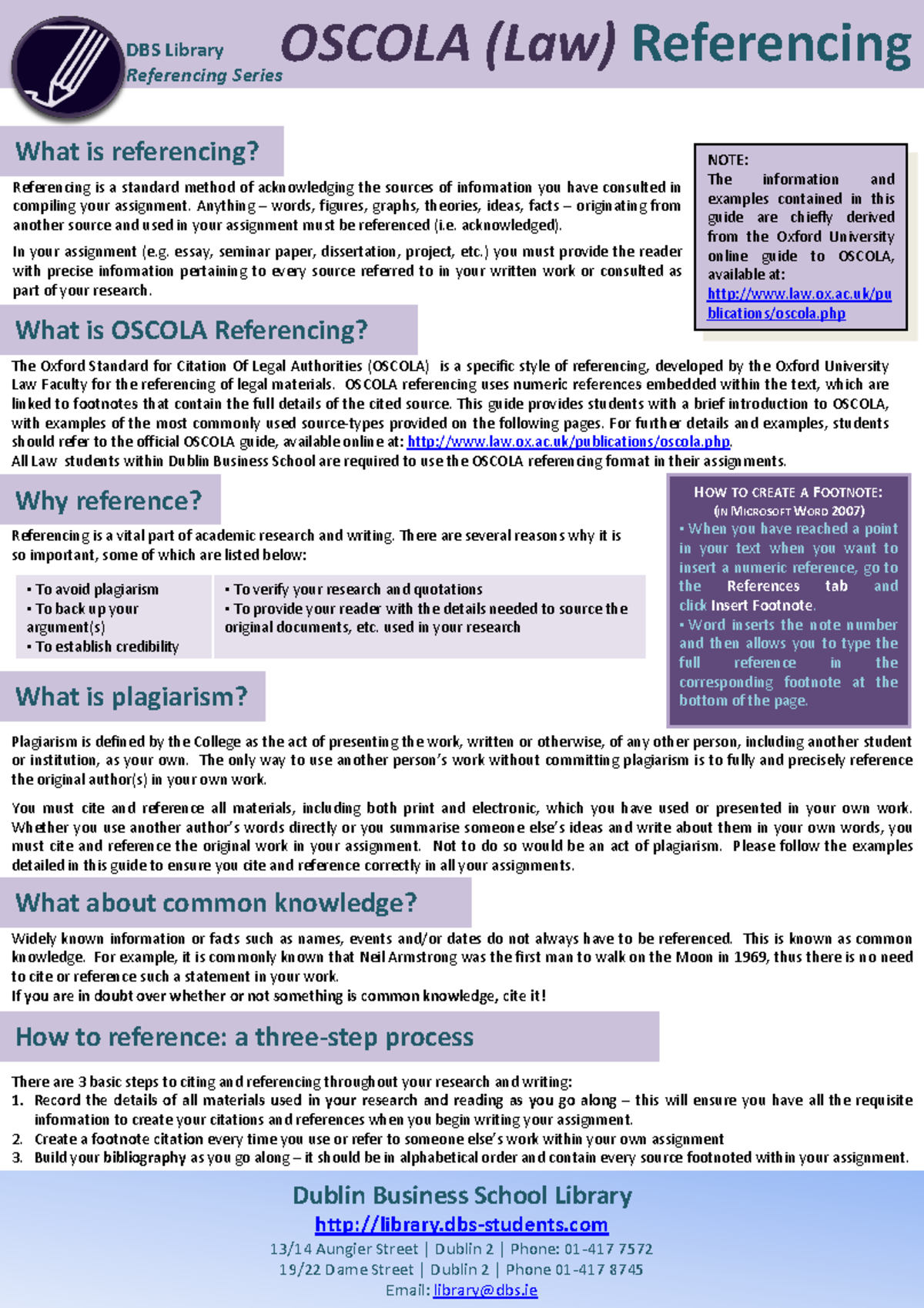 Oscola - DBS Library Referencing Series NOTE: The information and ...