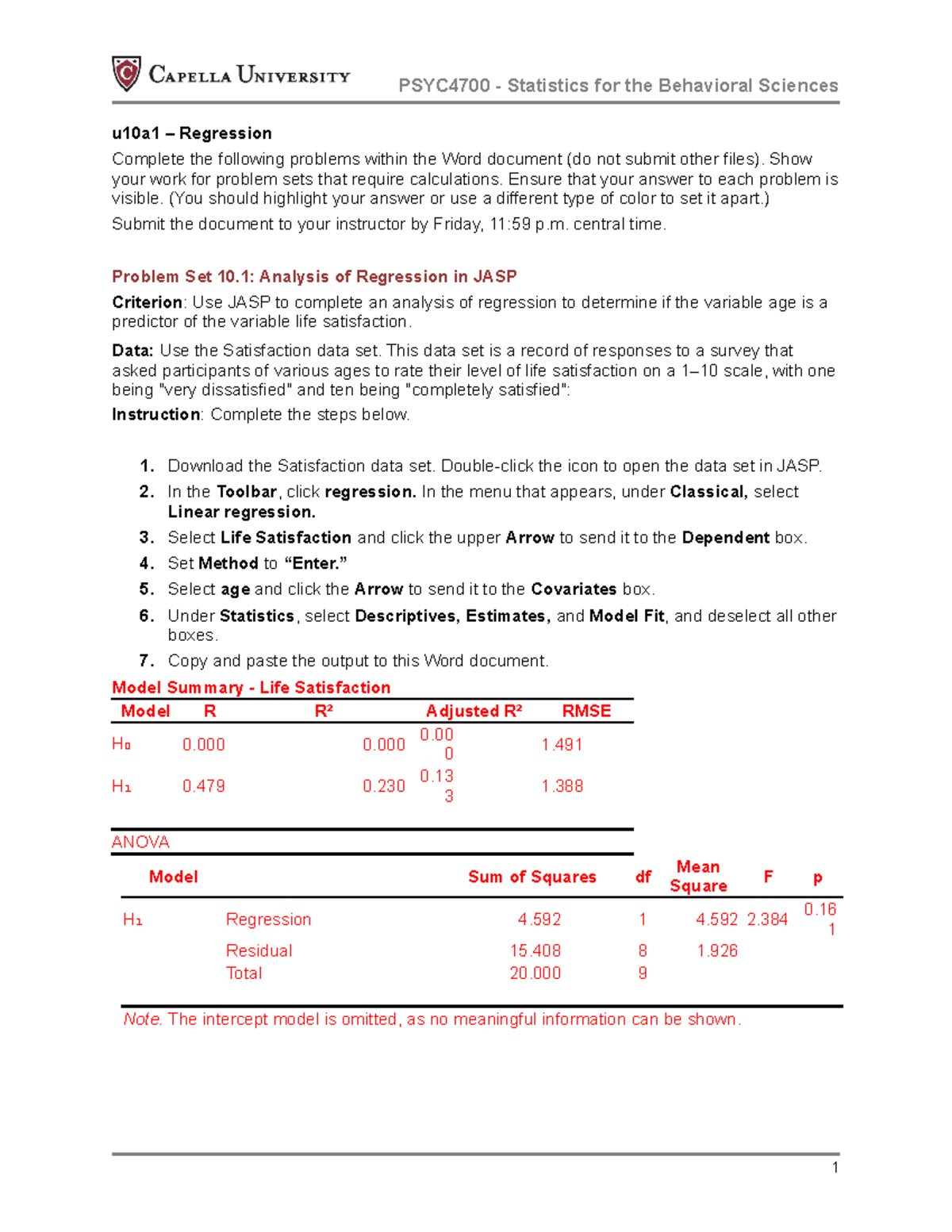 Week 10 assignment - Assignement - u10a1 – Regression Complete the following problems within the ...