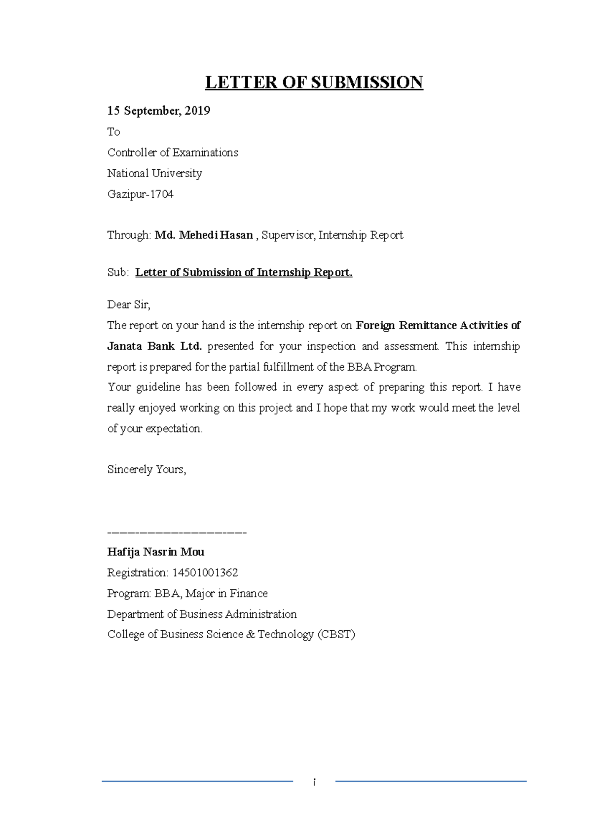 Letter - dfdf - LETTER OF SUBMISSION 15 September, 2019 To Controller ...