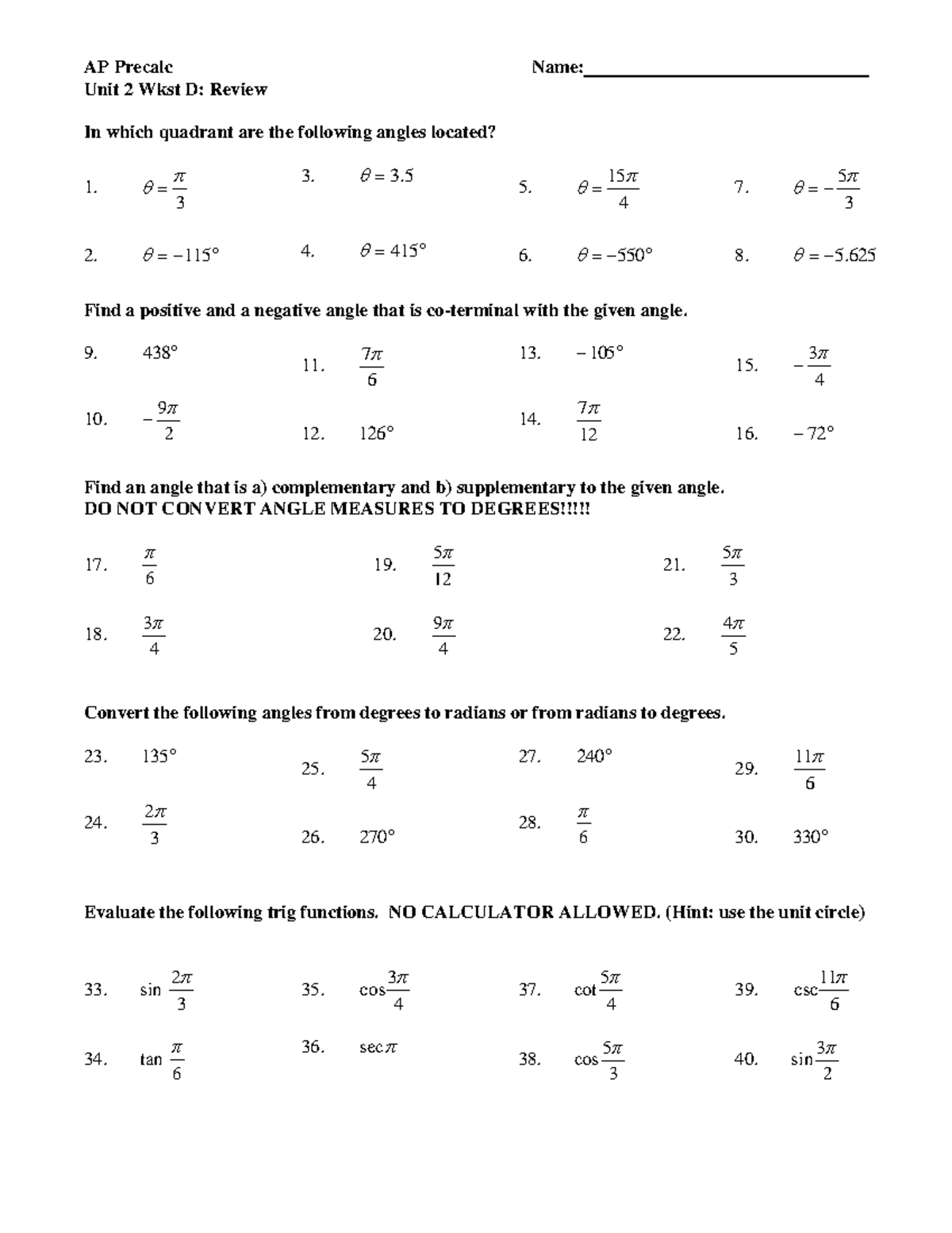 Appcu 2 Wkst D Review Test - AP Precalc Name: Unit 2 Wkst D: Review In ...