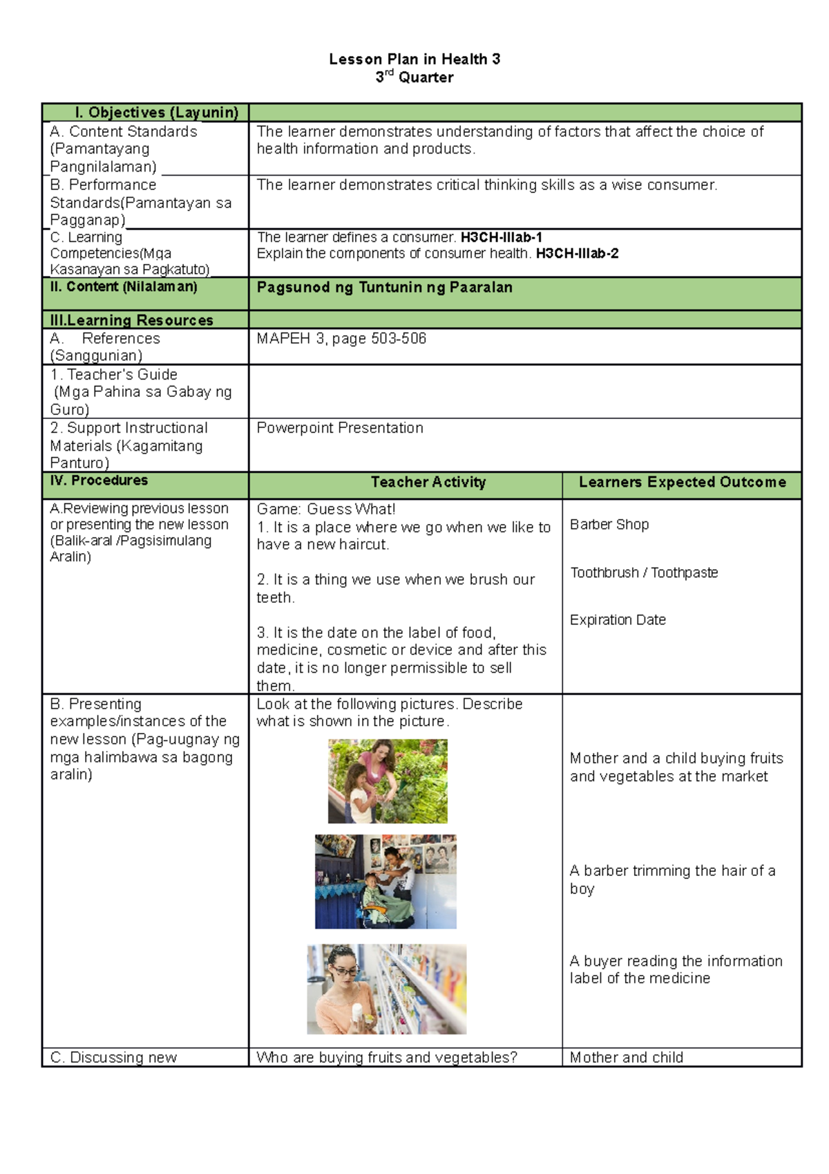 Lesson Plan in Health 3 - Objectives (Layunin) A. Content Standards ...