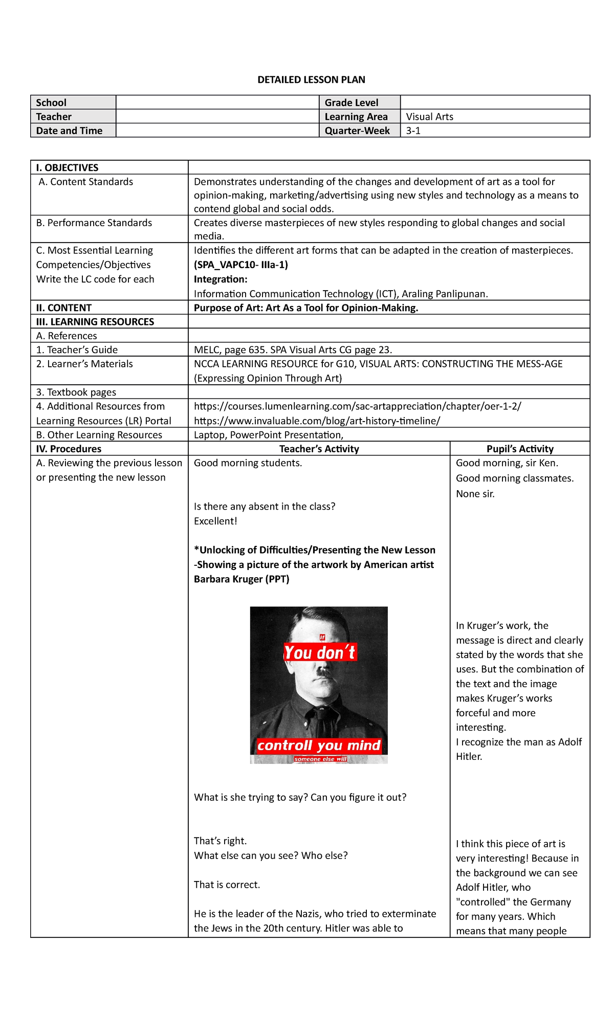 Dlp g10 q3 spa va - SPA Visual Arts LP - DETAILED LESSON PLAN School ...