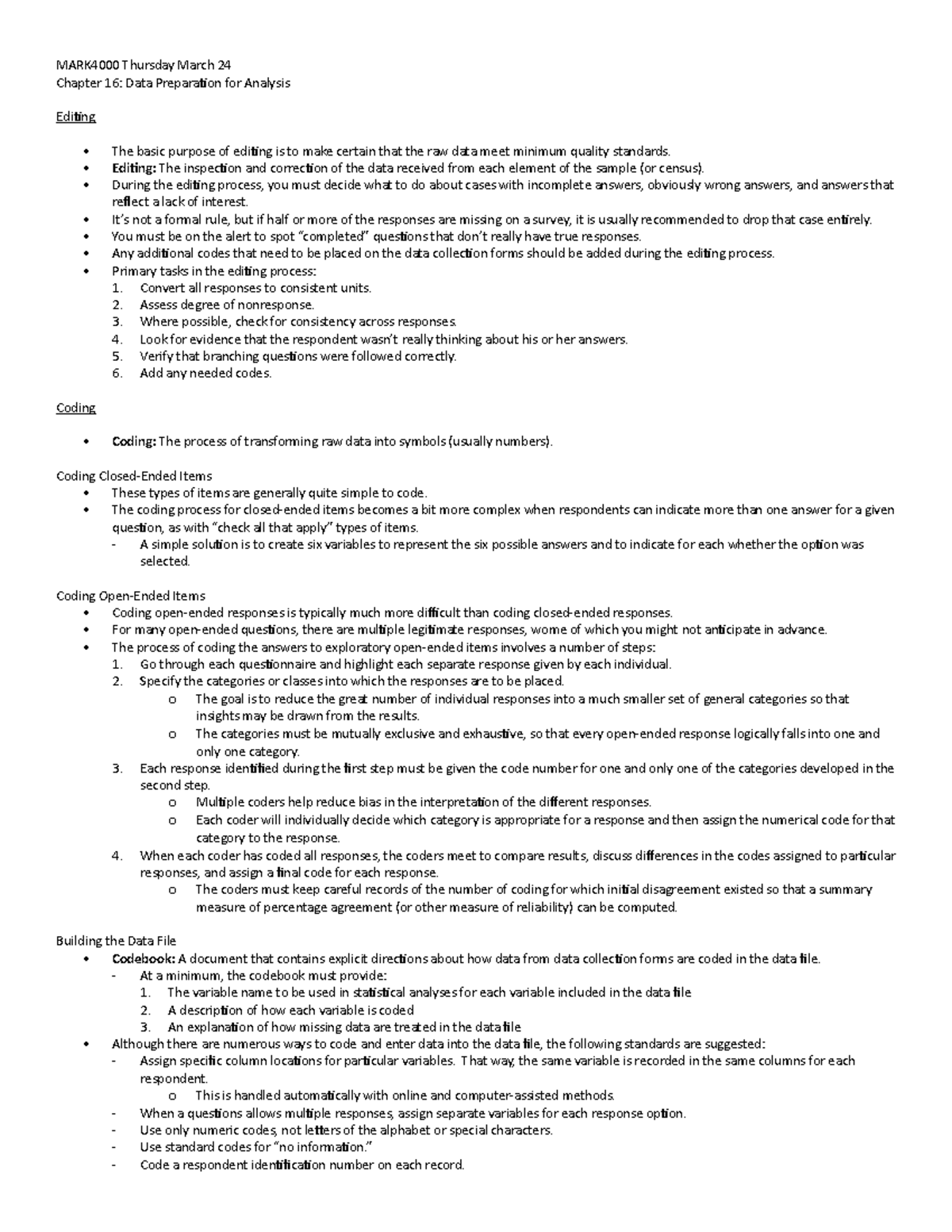 Chapter 16: Data Preparation for Analysis - MARK4000 Thursday March 24 ...
