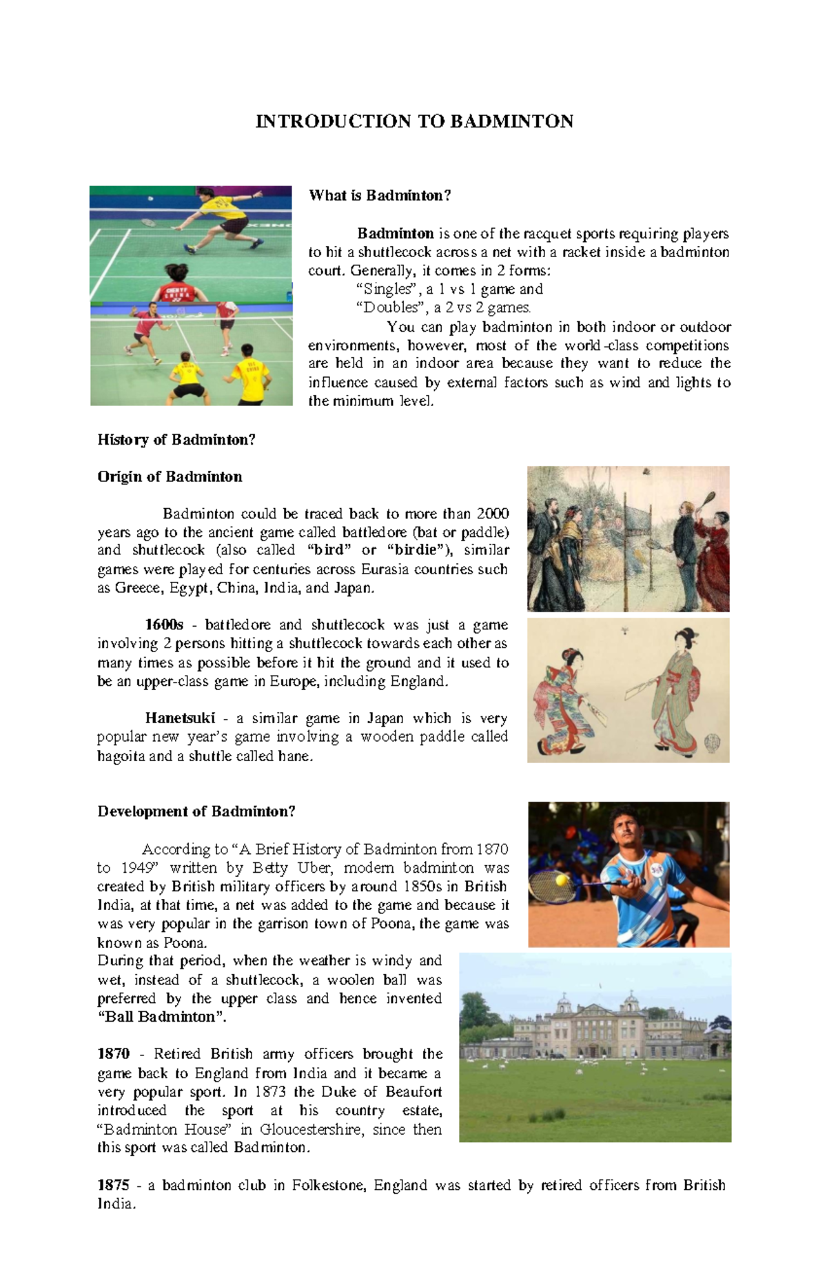 Introduction-to-Badminton - INTRODUCTION TO BADMINTON What is Badminton ...