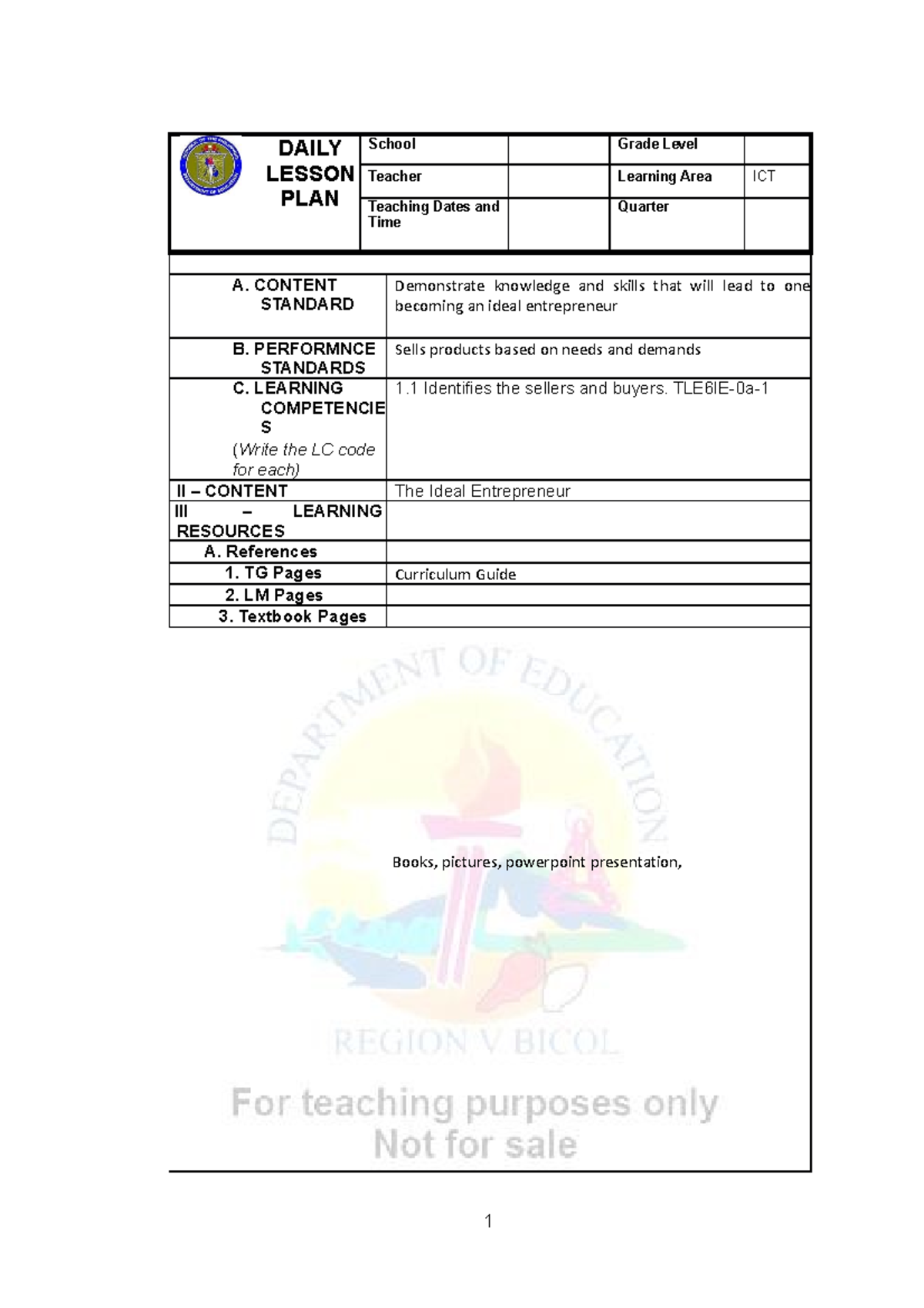 Daily Lesson Plan - ICT - DAILY LESSON PLAN School Grade Level Teacher ...