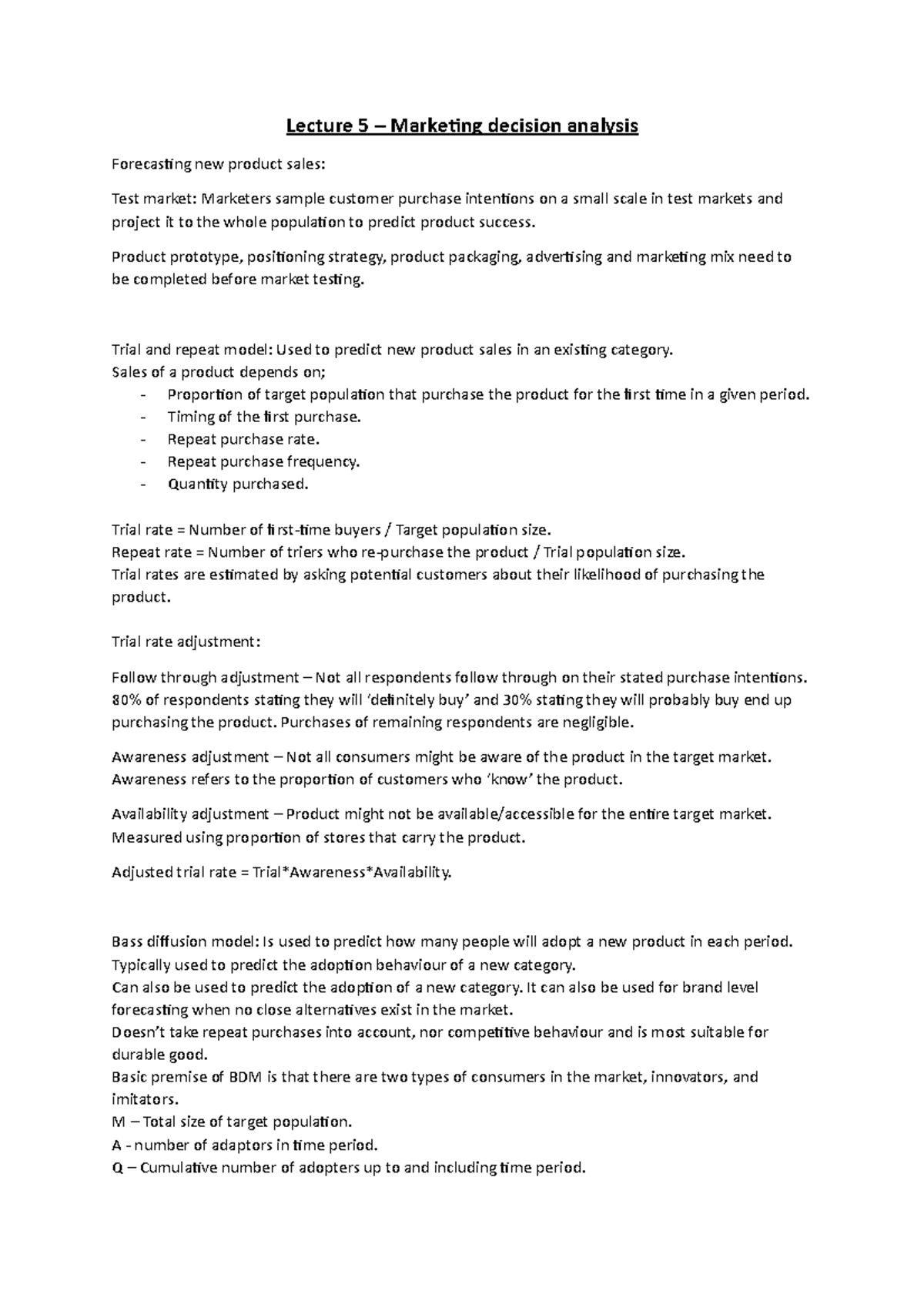 Lecture 5 - Marketing decision analysis - Lecture 5 – Marketing decision analysis Forecasting ...