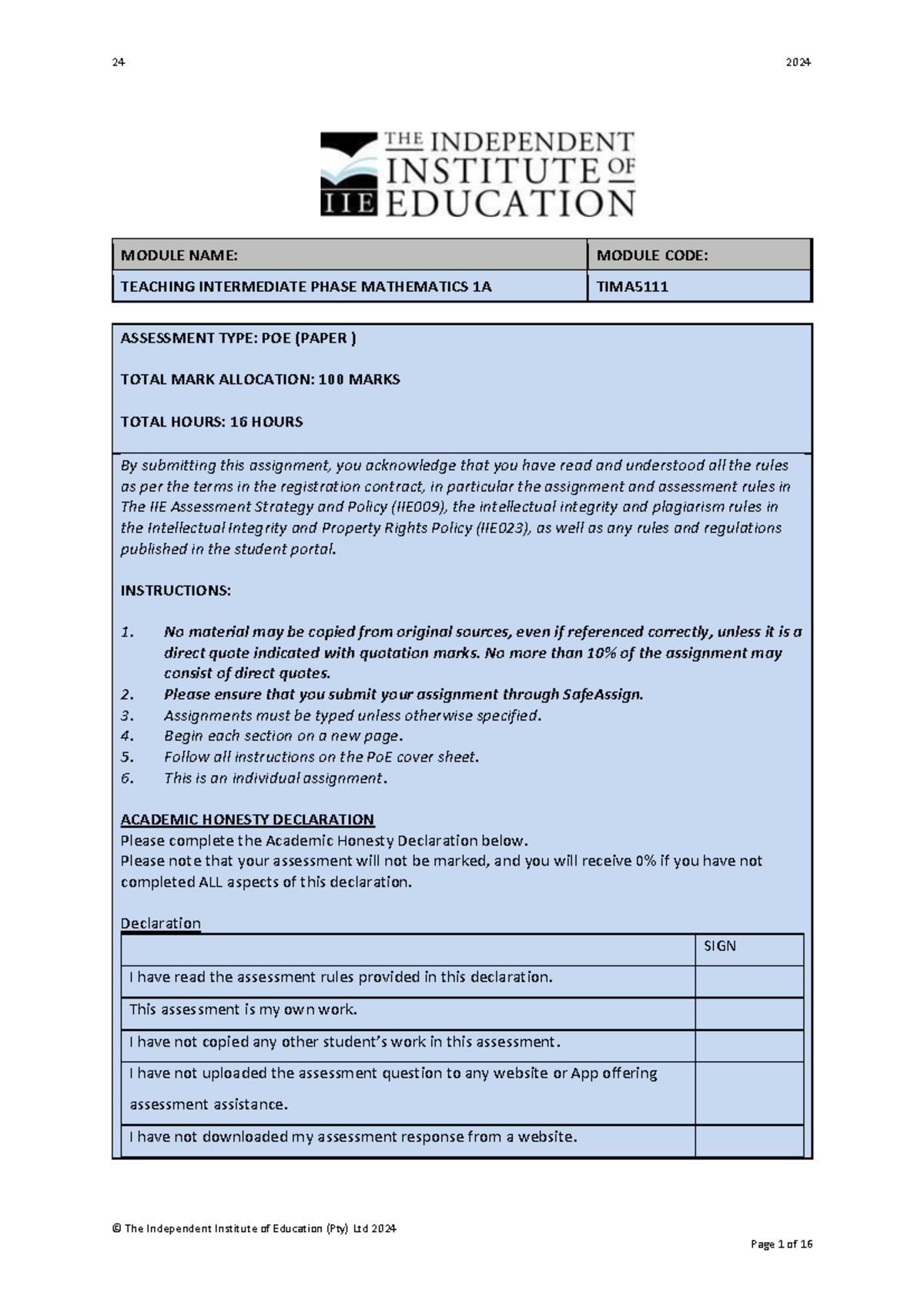 TIMA5111 POE - Poe - © The Independent Institute of Education (Pty) Ltd 20 24 MODULE NAME ...