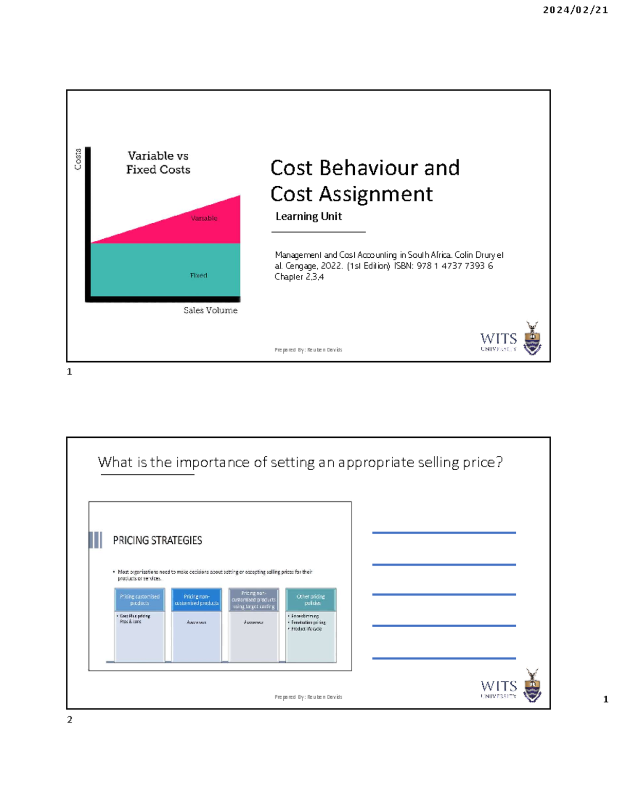 Cost Classifications and Cost Assignment - Lecture Slides - 1 Cost Behaviour and Cost Assignment ...