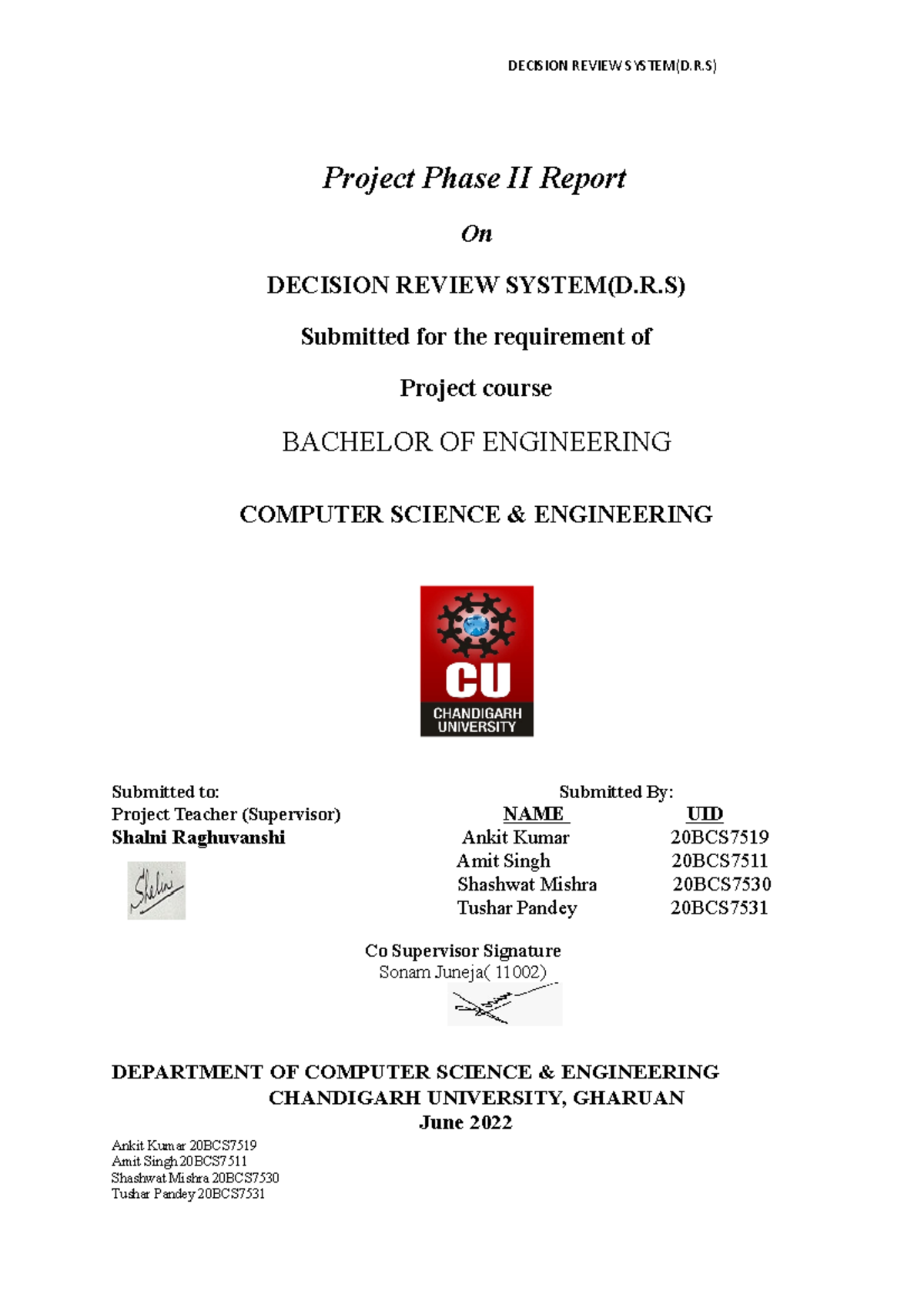 20BCS7530 and 7531 l Final Project Phase II Report - Project Phase II Report On DECISION REVIEW ...