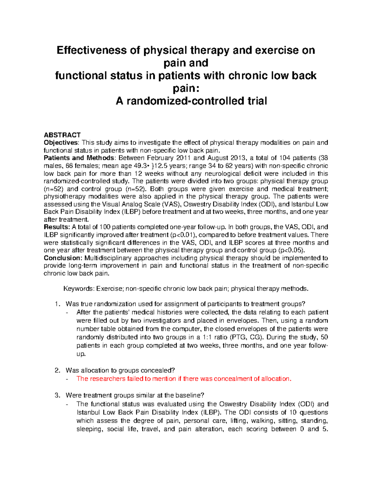 RCT Low Back Pain Report - Effectiveness of physical therapy and ...