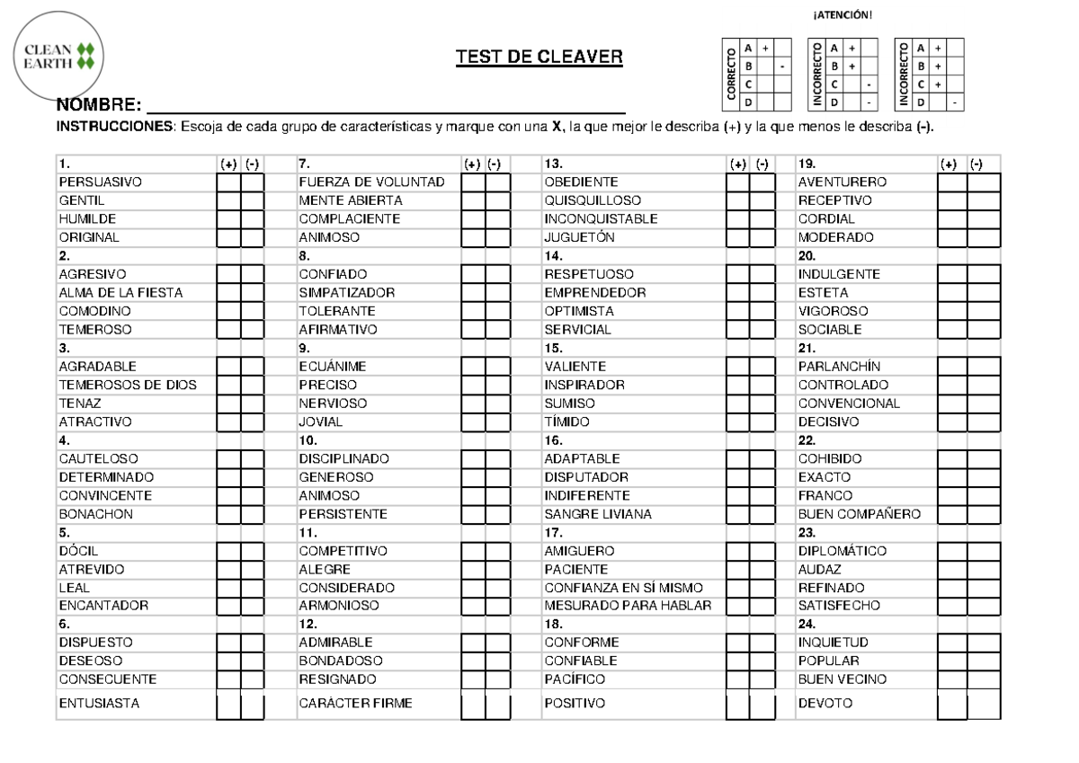 TEST DE Cleaver - TEST DE CLEAVER NOMBRE